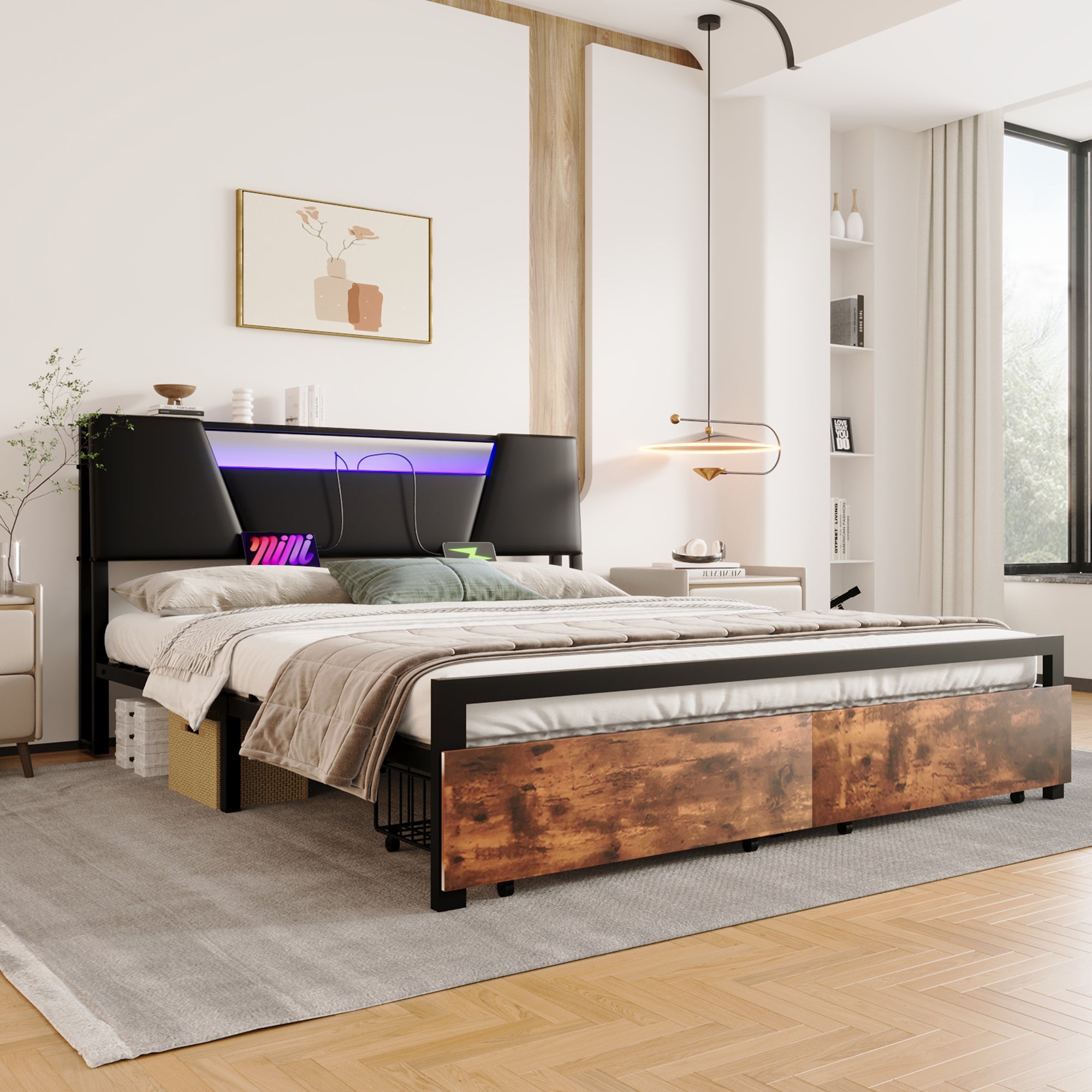 Lit 160 x 200 cm avec étagère de rangement - prise USB + LEDs - Métal ...