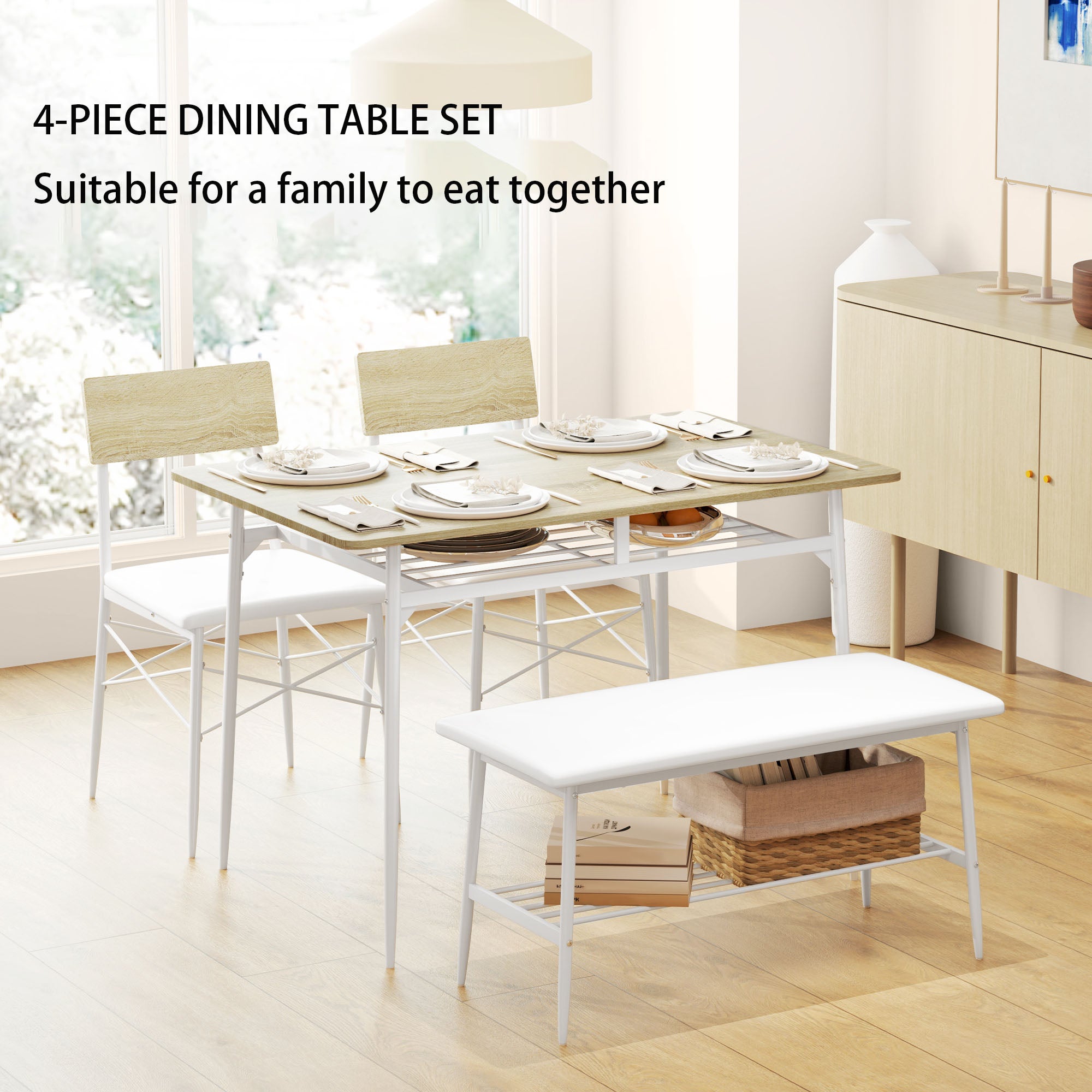 Juego de Comedor con Mesa, 2 Sillas y Banco, Mueble Compacto para 4 ...