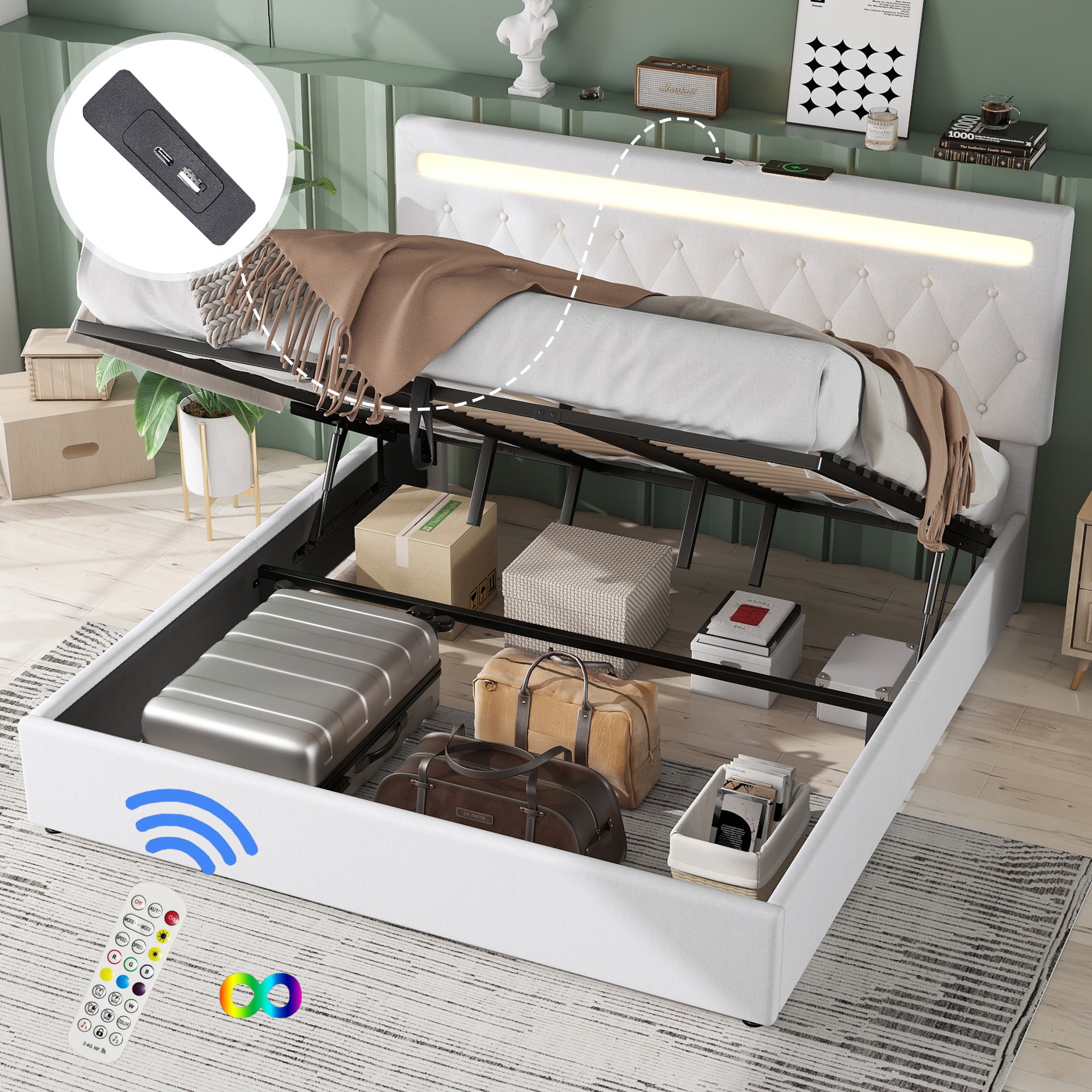 Lit Coffre 180x200 cm , Lit Double Capitonné Avec Télécommande, Lumière ...