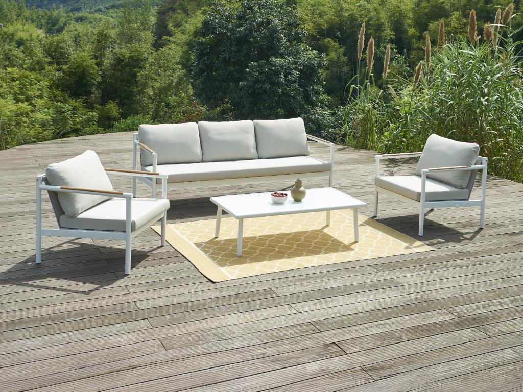 Salón de jardín de aluminio: un sofá de 3 plazas, 2 sillones y una mesa de centro - Cojines ...