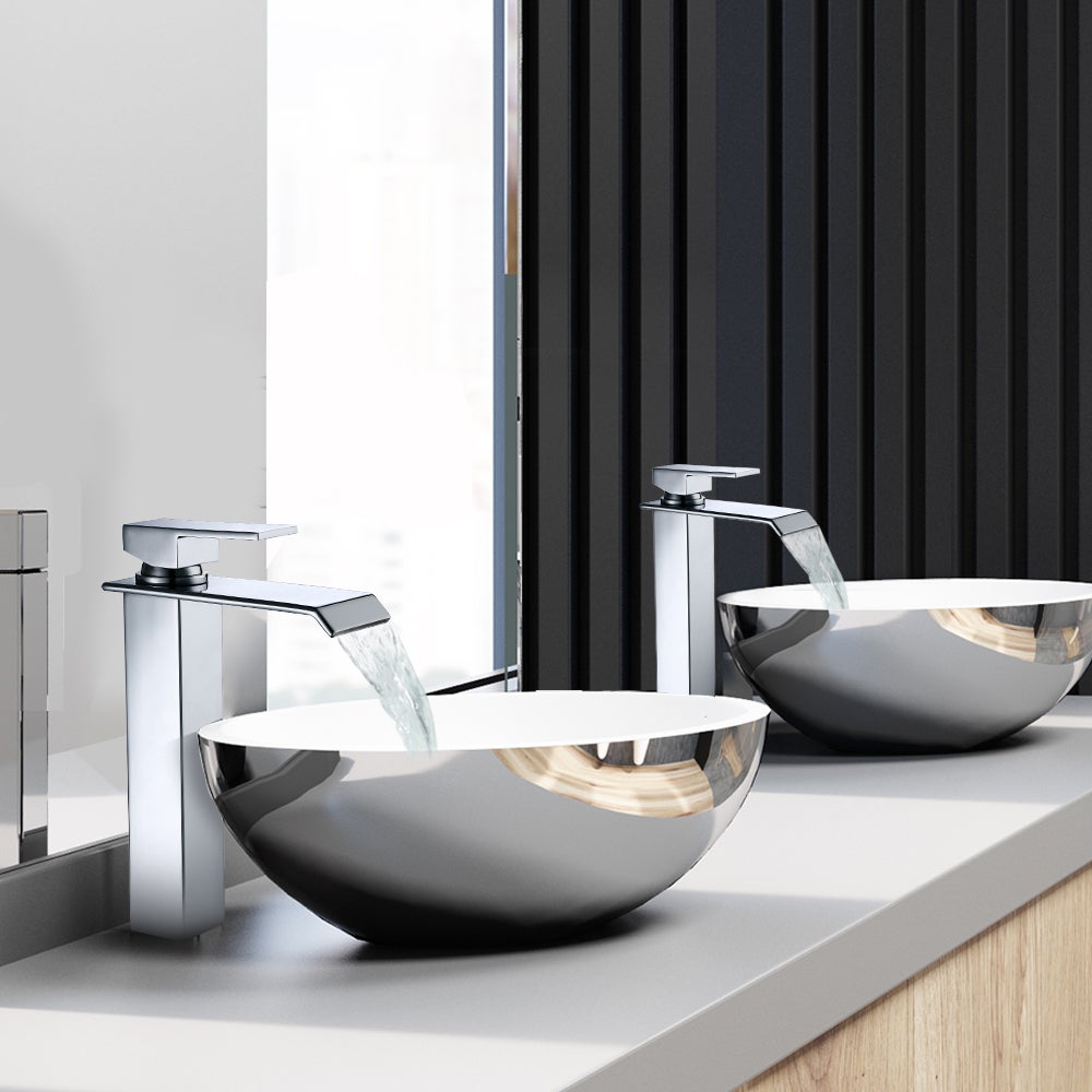 2x Robinets Salle de Bain Cascade Mitigeurs de Lavabo Bec Haut Robinets ...