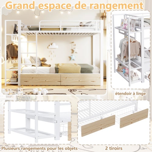 Litera 90x200 cm con LED, 2 cajones, estanterías y barra para ropa ...