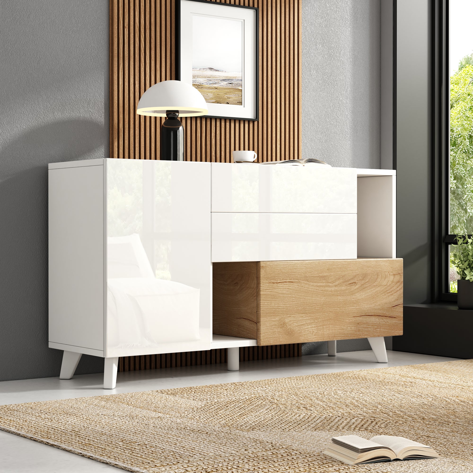 Buffet brillant 130x40x70cm - 2 portes - 2 tiroirs - avec compartiments ...