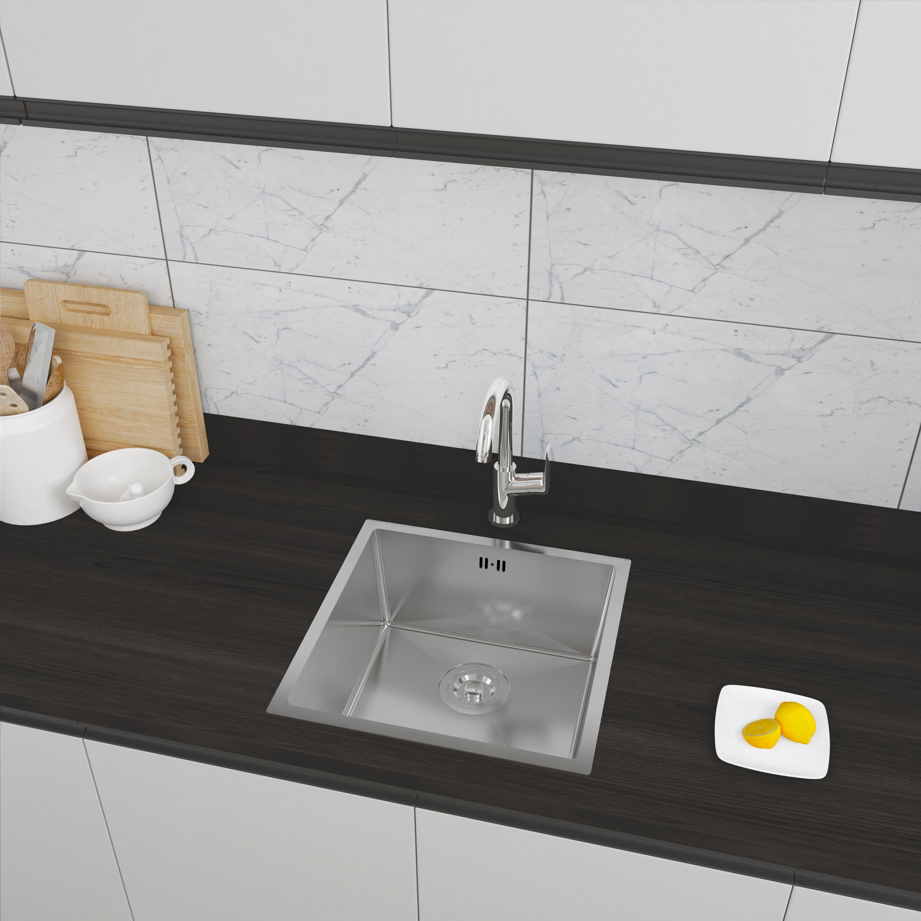 Ocean Évier Argent en Inox 1 Bac 44x44cm avec Trop-Plein et Vidange ...