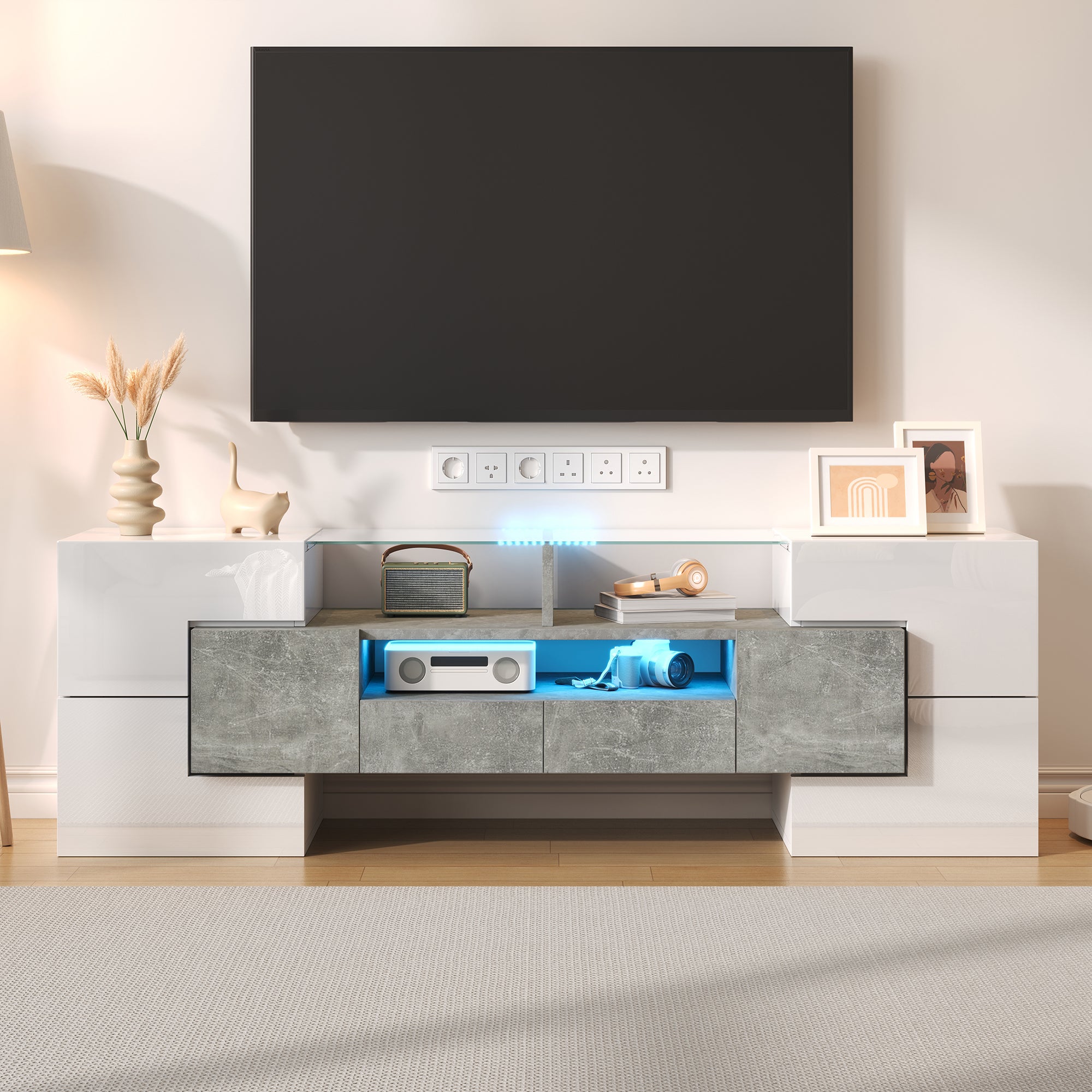Mueble para TV 145 x 30 x 51 cm - con iluminación LED - con 4 puertas ...