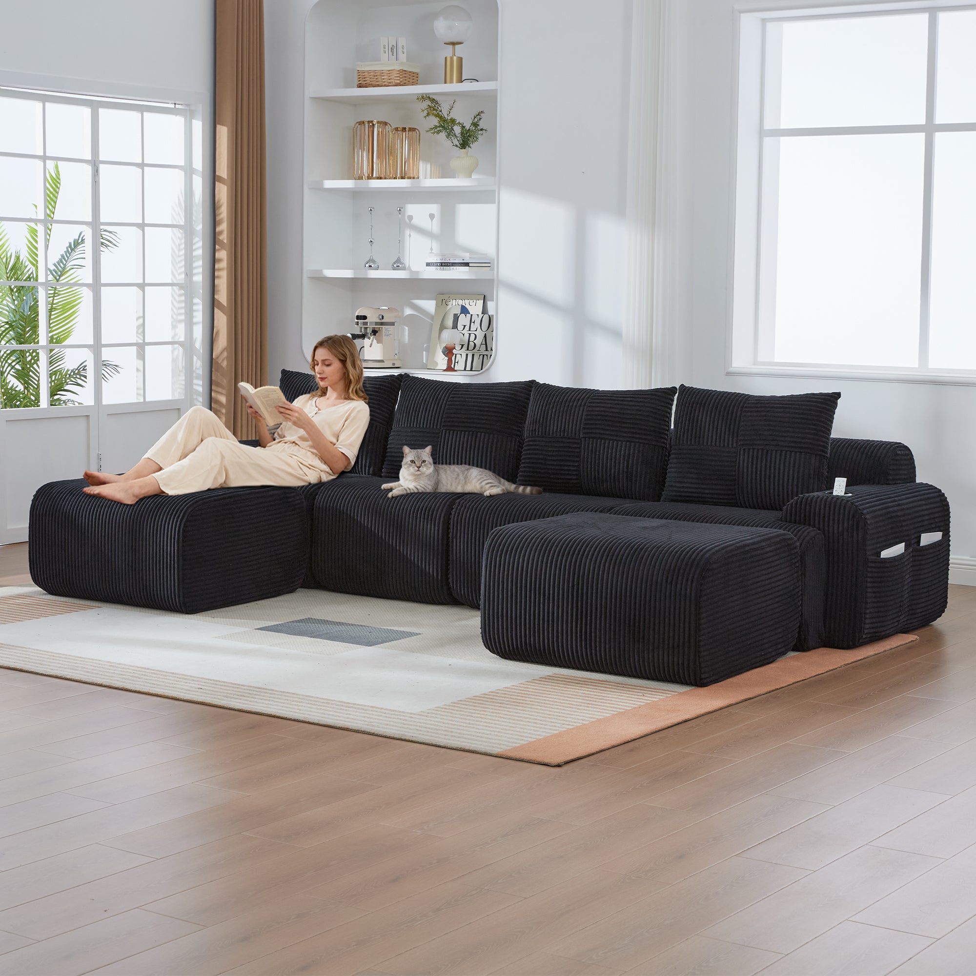 Canapé velours côtelé modulaire 4 places noir + 2 tabourets, combinable ...