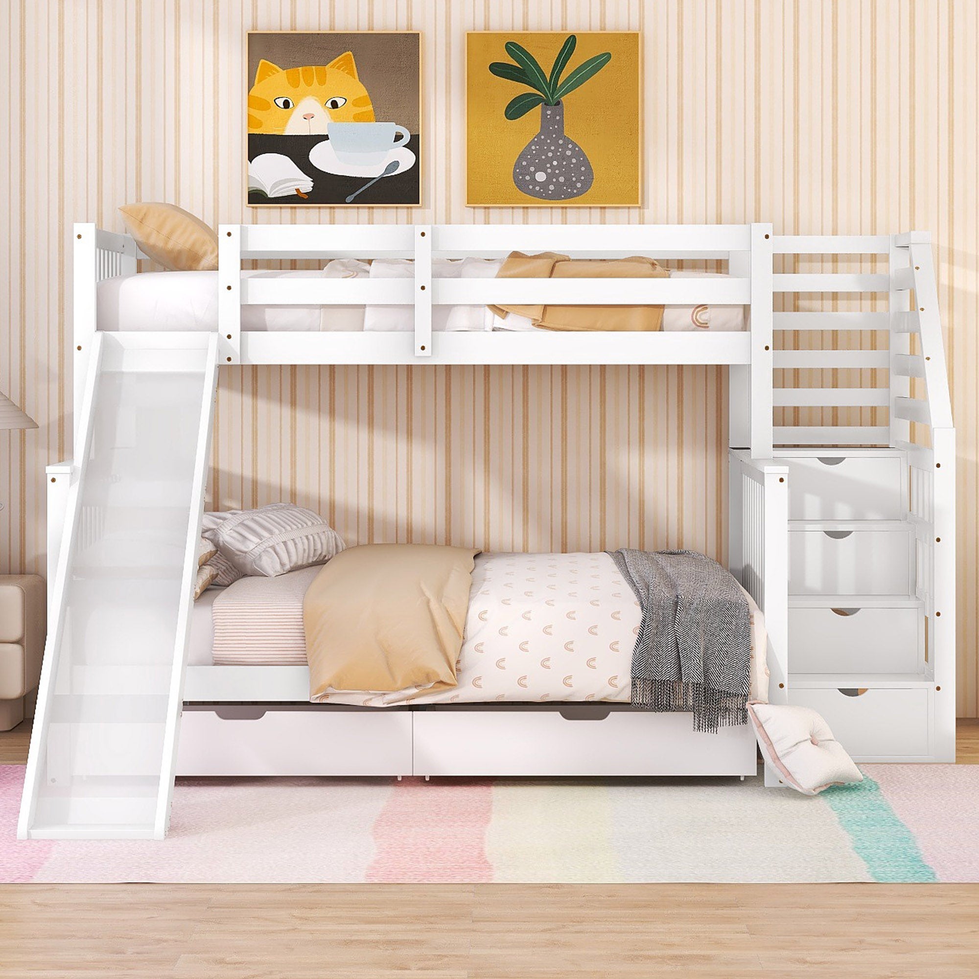 Lits superposés 90 x 200 et 140 x 200 avec tiroirs, espace de rangement ...