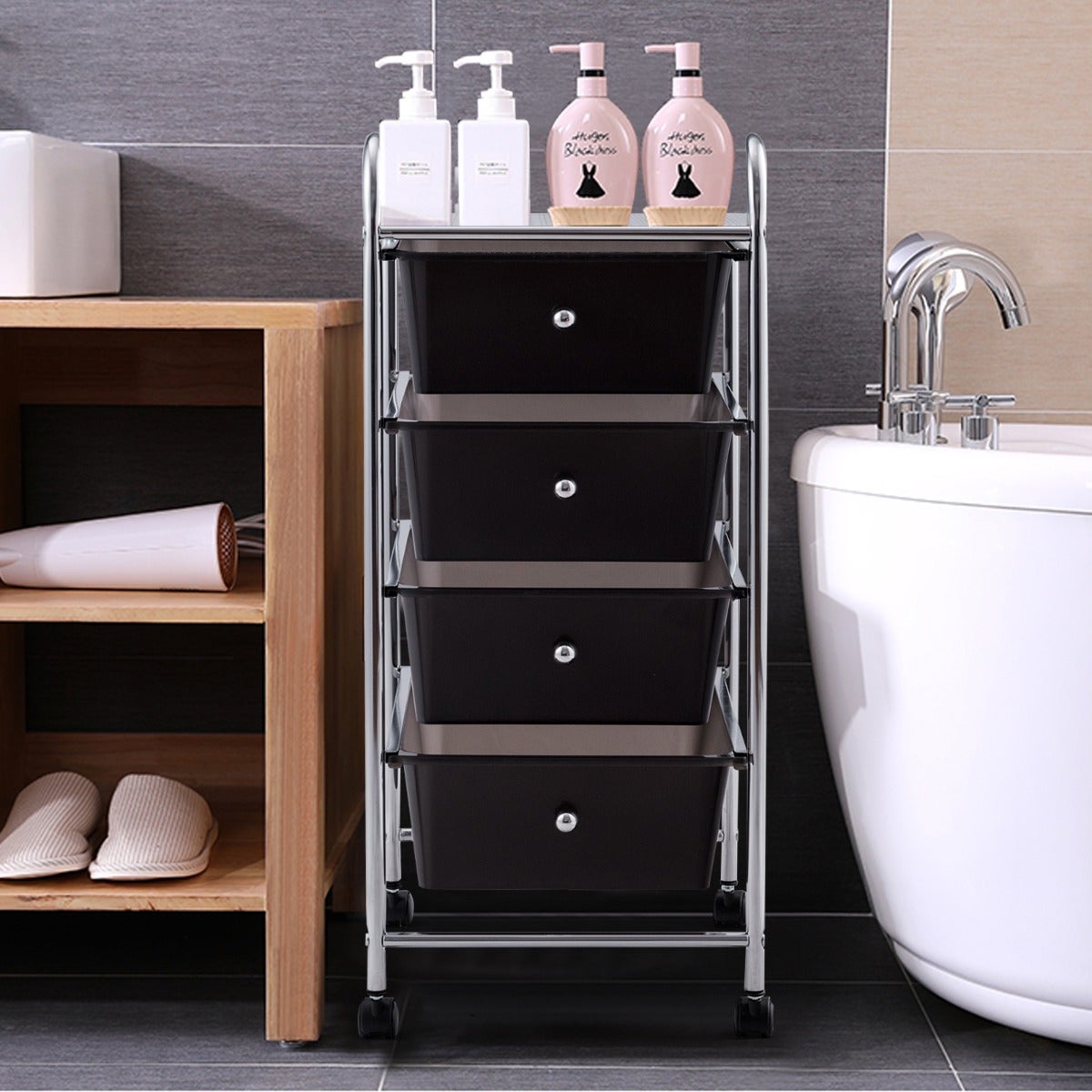 Chariot Rangement Roulettes 4 Tiroirs Plastiques Amovibles Métal ...