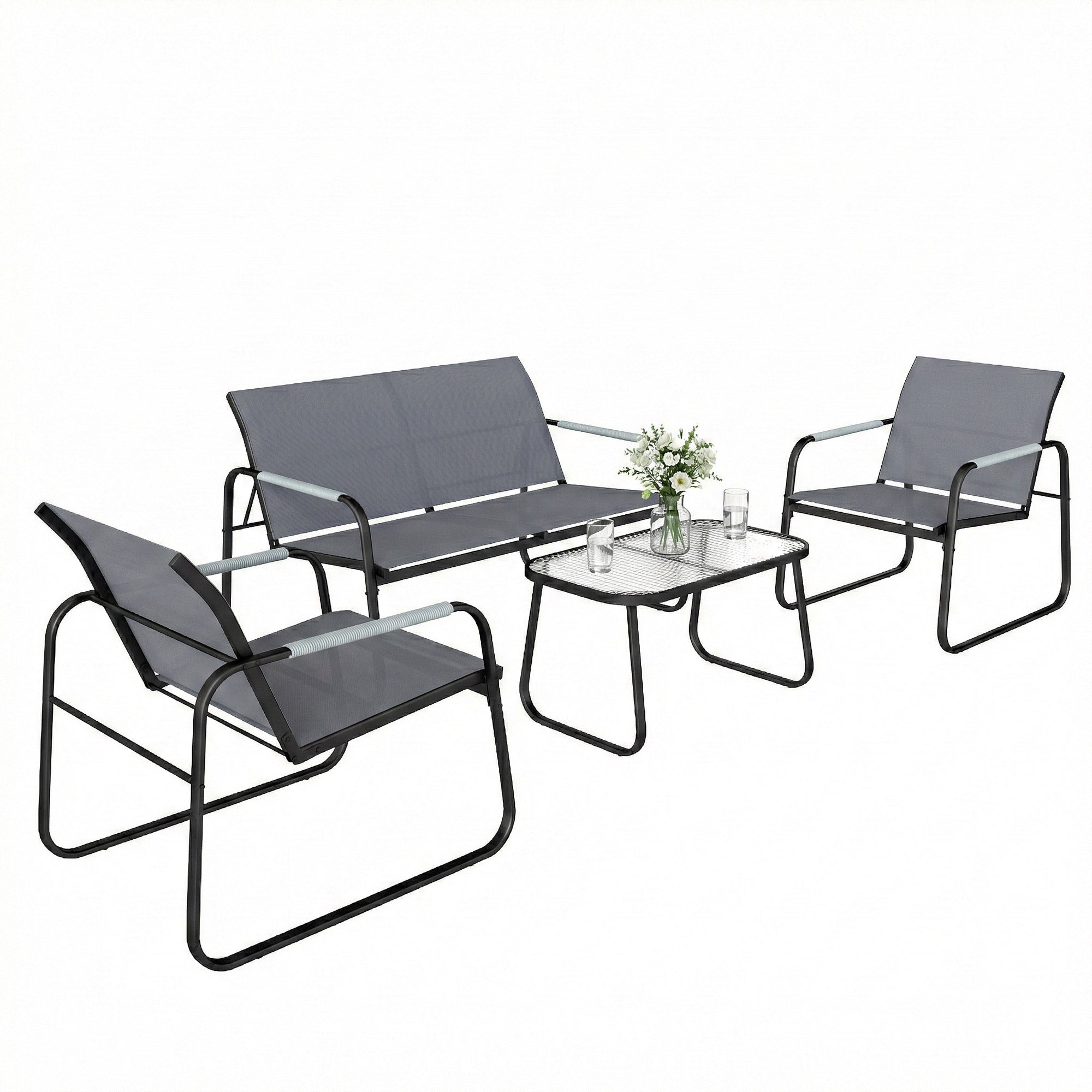Ensemble jardin gris : canapé 2 places + 2 fauteuils + table verre ...