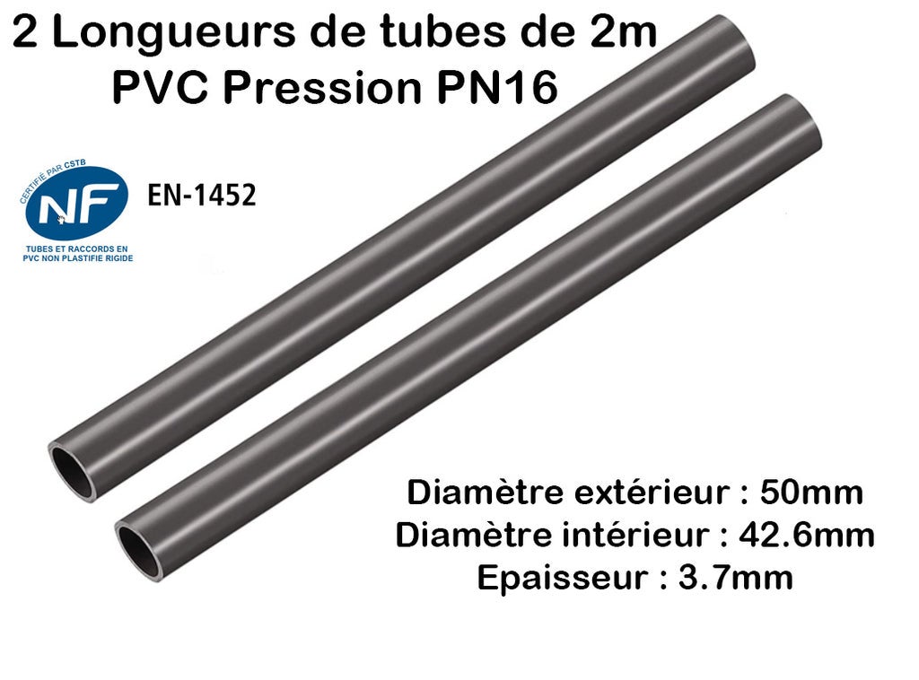 Lot de 2 Barres de Tuyau Rigide Tube PVC Pression PN16 50mm : Longueur ...
