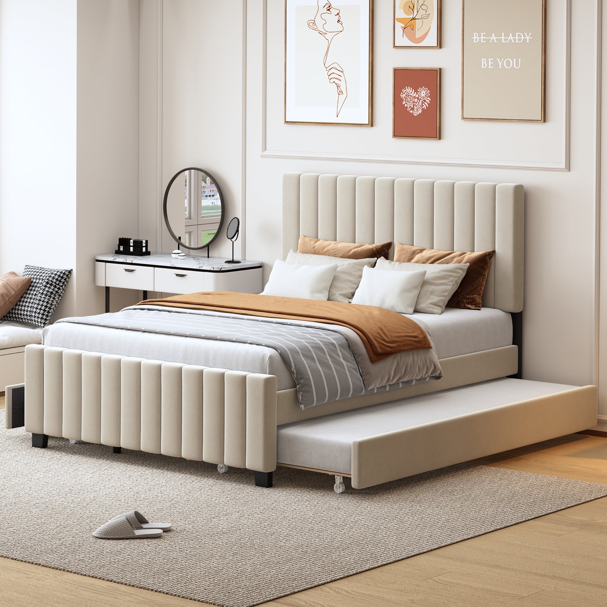 Lit 140x190 avec lit extra, 2 tiroirs, velours, double, beige | Leroy ...