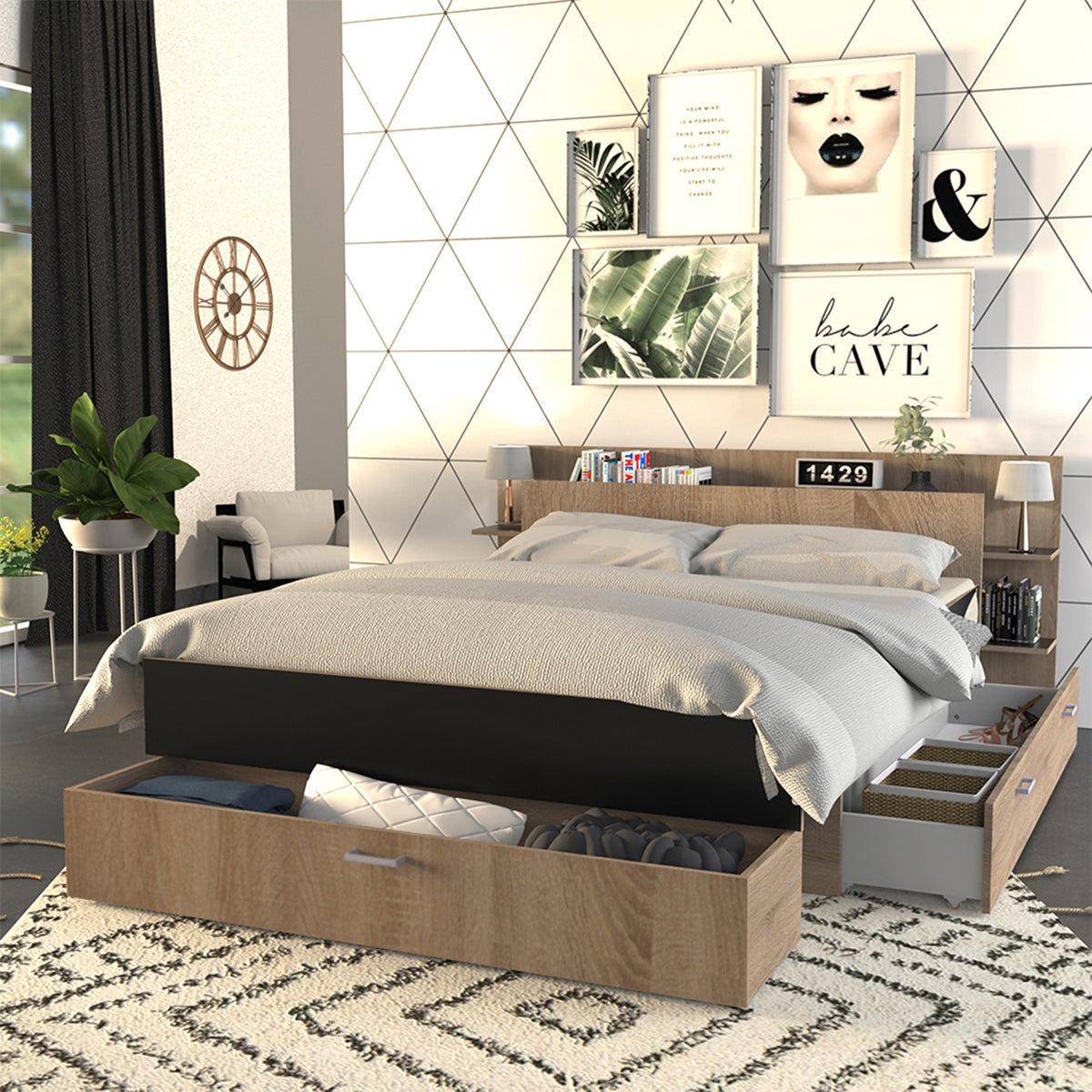 Lit 140x190 tiroirs inclus Erica Bois blanchi et Noir | Leroy Merlin