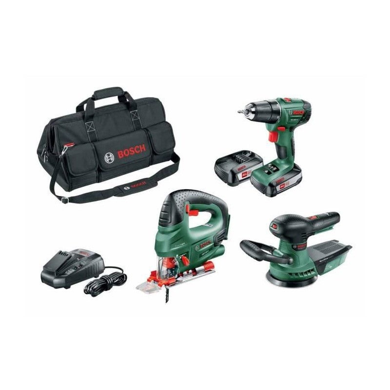 Pack 3 outils 18V sans fil BOSCH perceuse-visseuse PSR 1800 LI-2 2 batteries 2,5Ah + scie ...