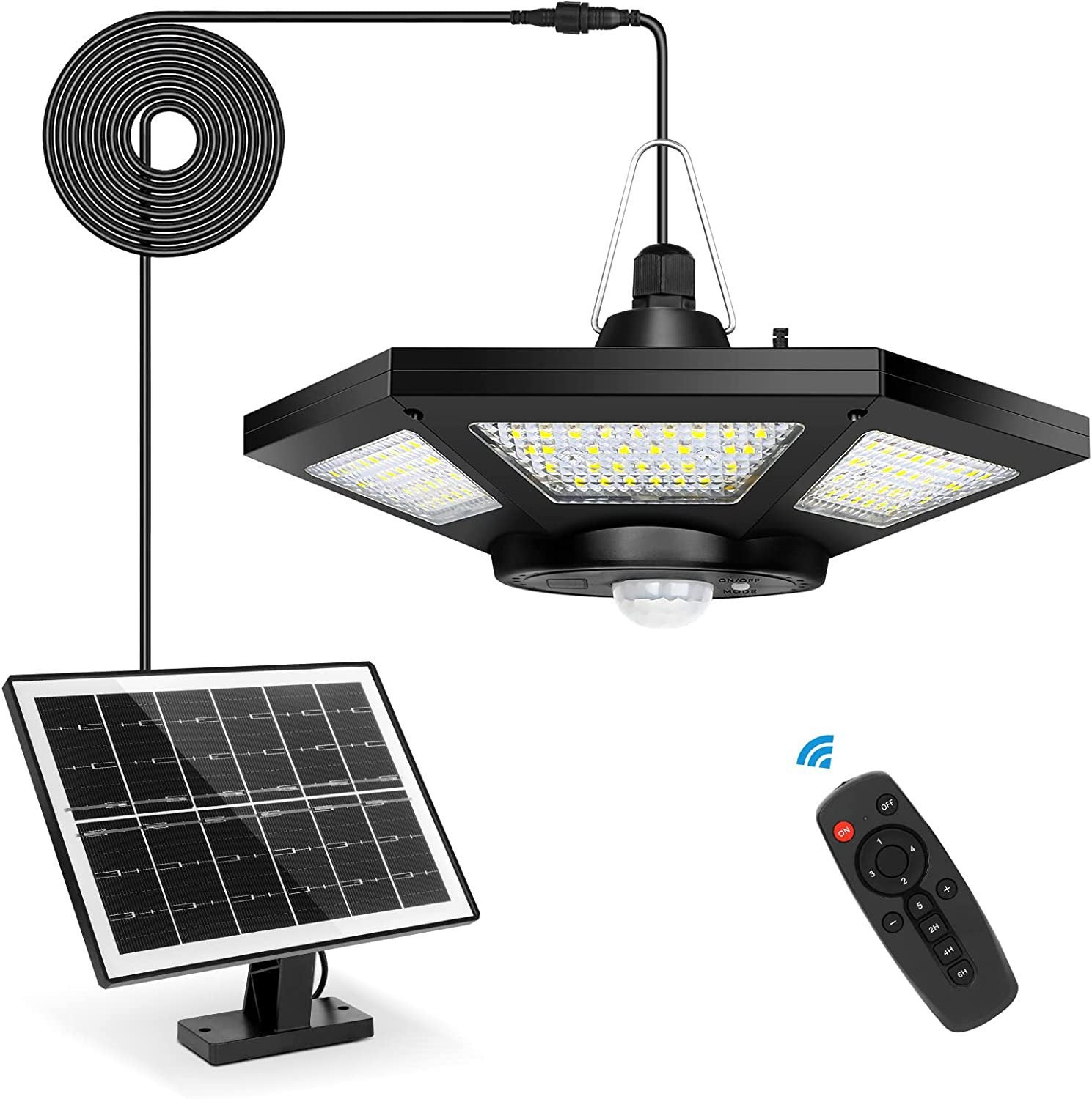 180 LED Lampe Solaire Intérieur Extérieur 1200LM Lampe Suspendue, 5 Modes Kit Eclairage avec ...
