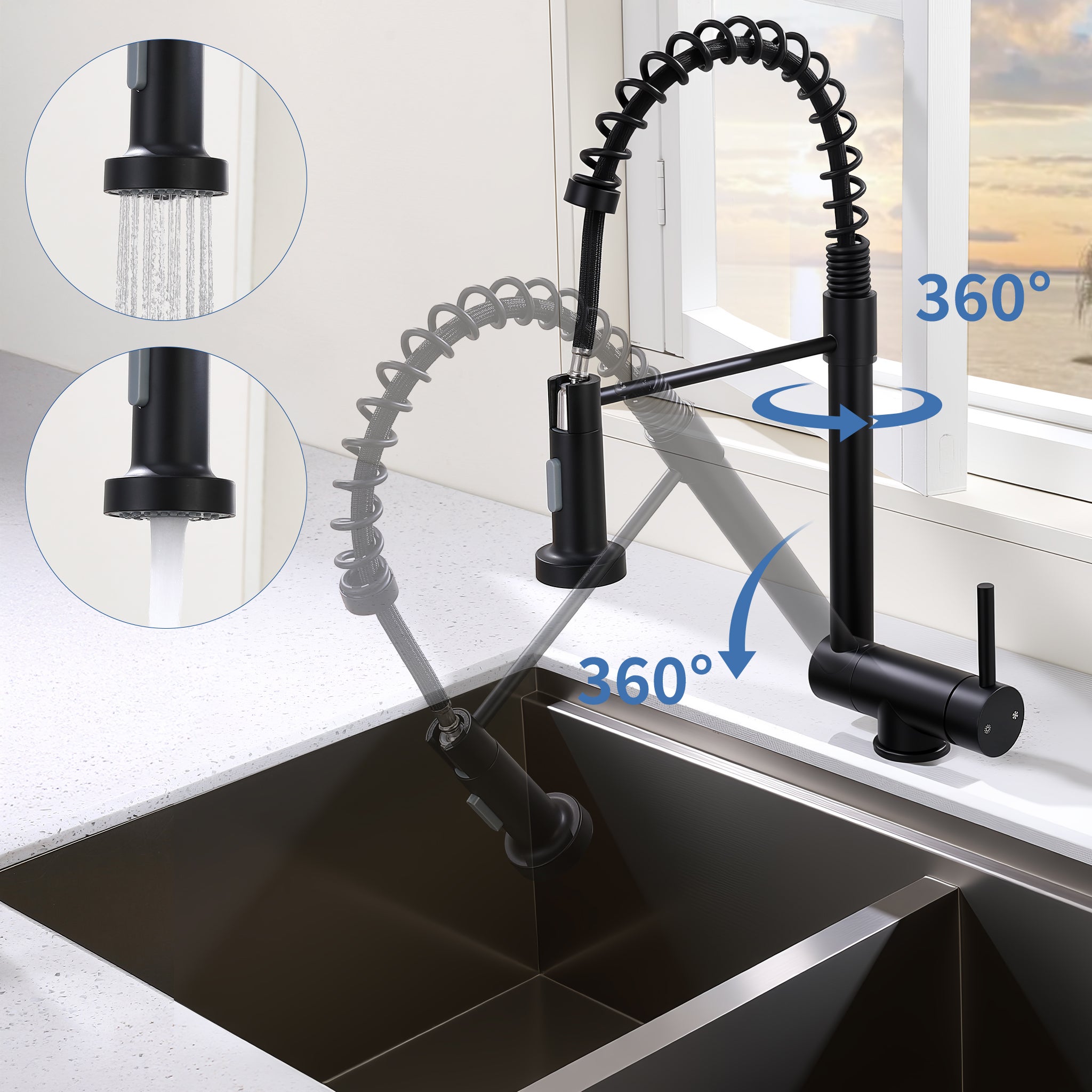 Mitigeur de Cuisine Noir pliable à ressort avec douchette 2 Jets ...