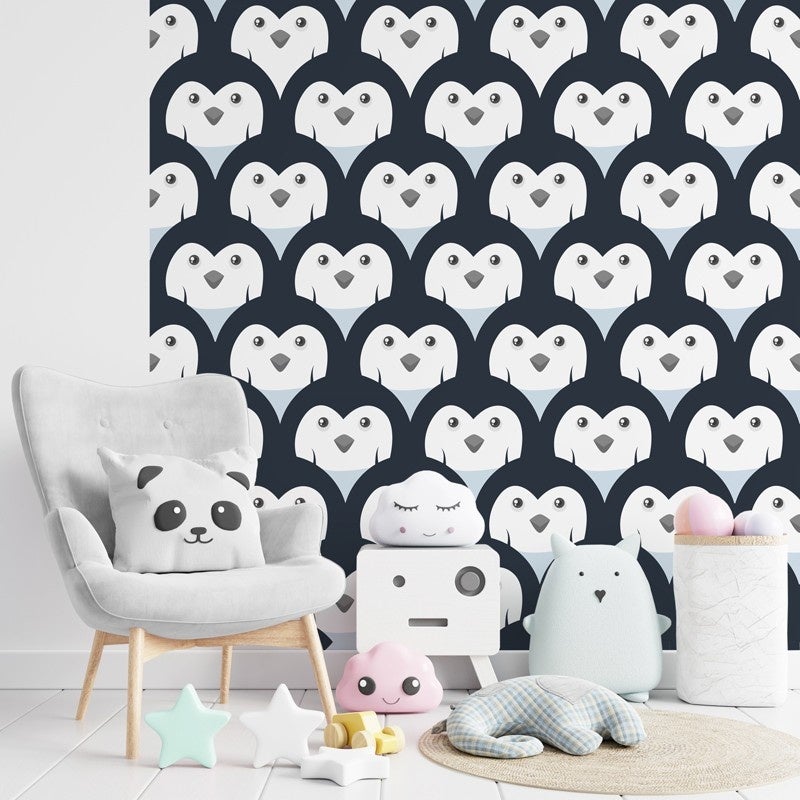 Papel pintado panorámico con motivos de animales: pingüinos en blanco y ...