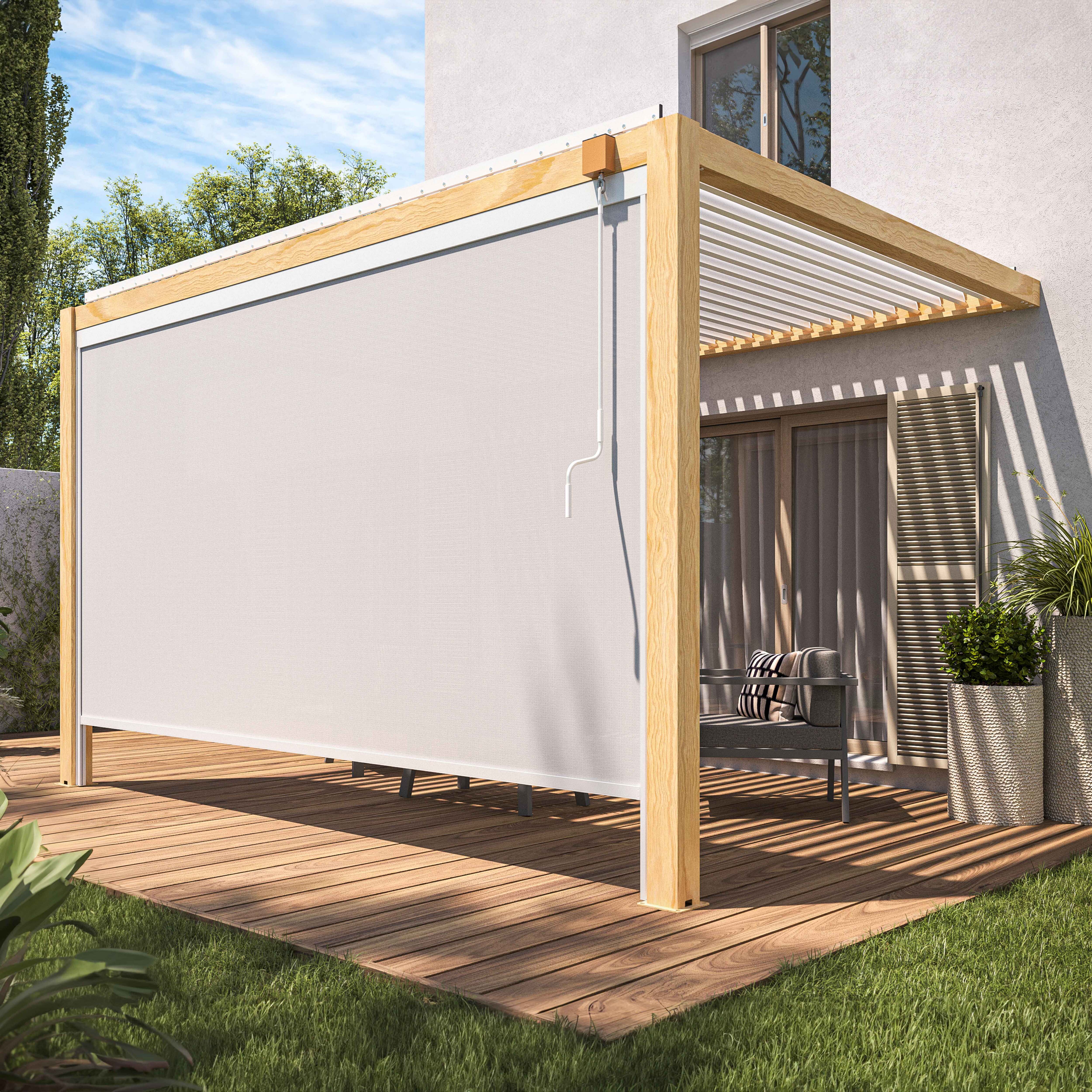 Pergola bioclimatica addossata con decoro in legno bianco + 1 tenda( 1 ...