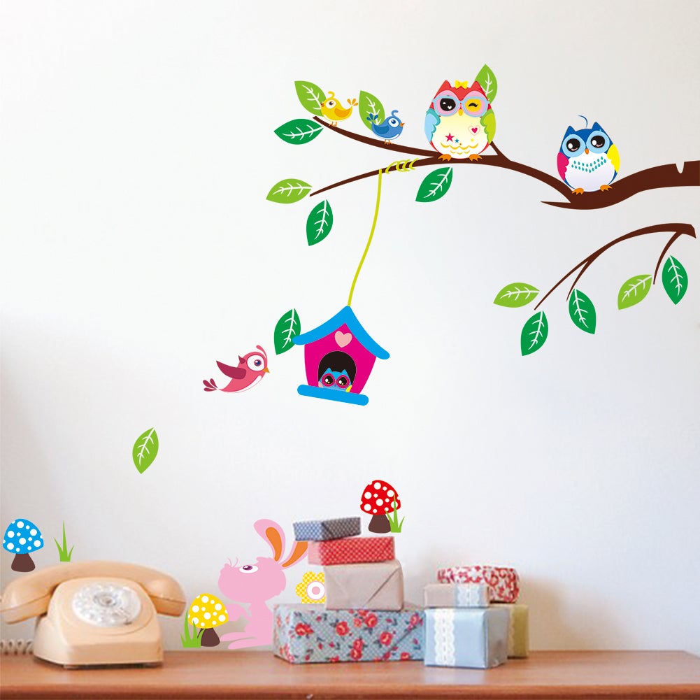 Pegatinas búhos y jaula de pájaros en un árbol - adhesivo de pared ...