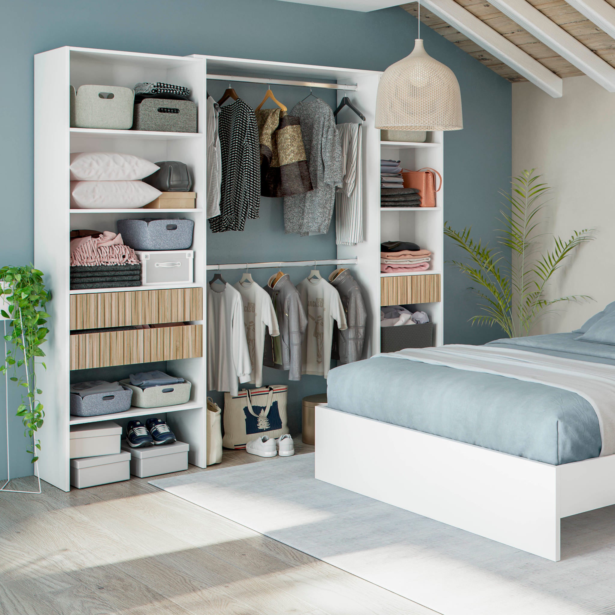 Dressing ouvert avec étagères et 3 tiroirs blanc et bois naturel ...