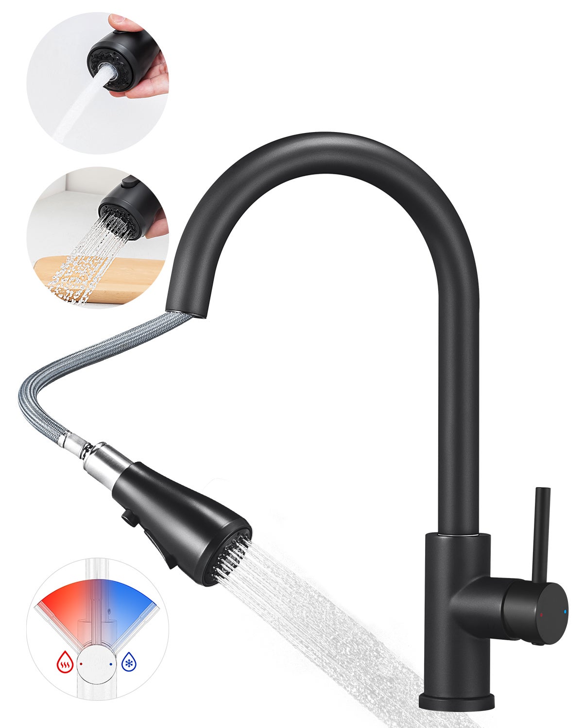 Mitigeur de Cuisine avec Douchette Extractible - Robinet Cuisine Noir ...