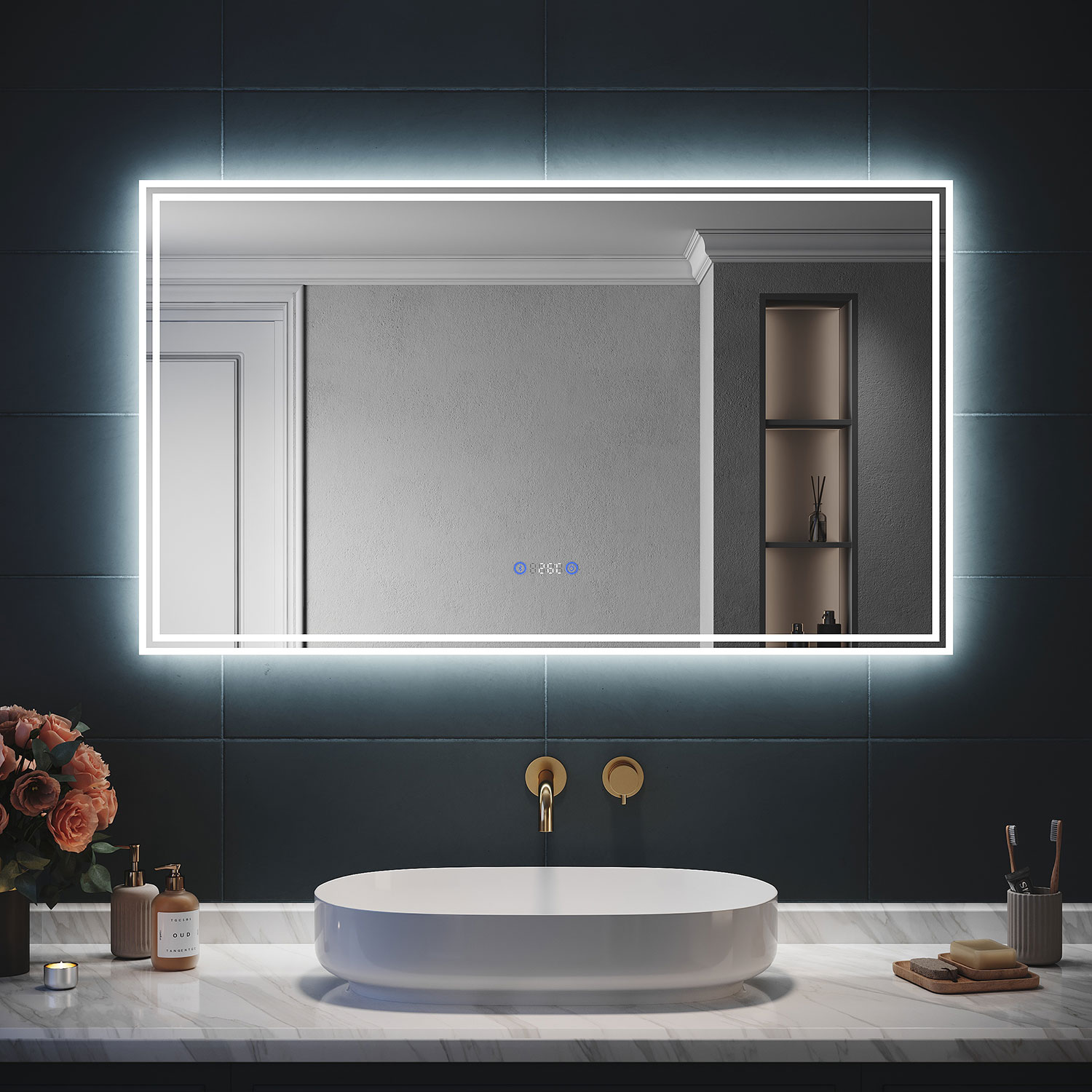 SIRHONA Miroir de salle de bain avec Mirroir LED rétro-éclairé,contrôle ...