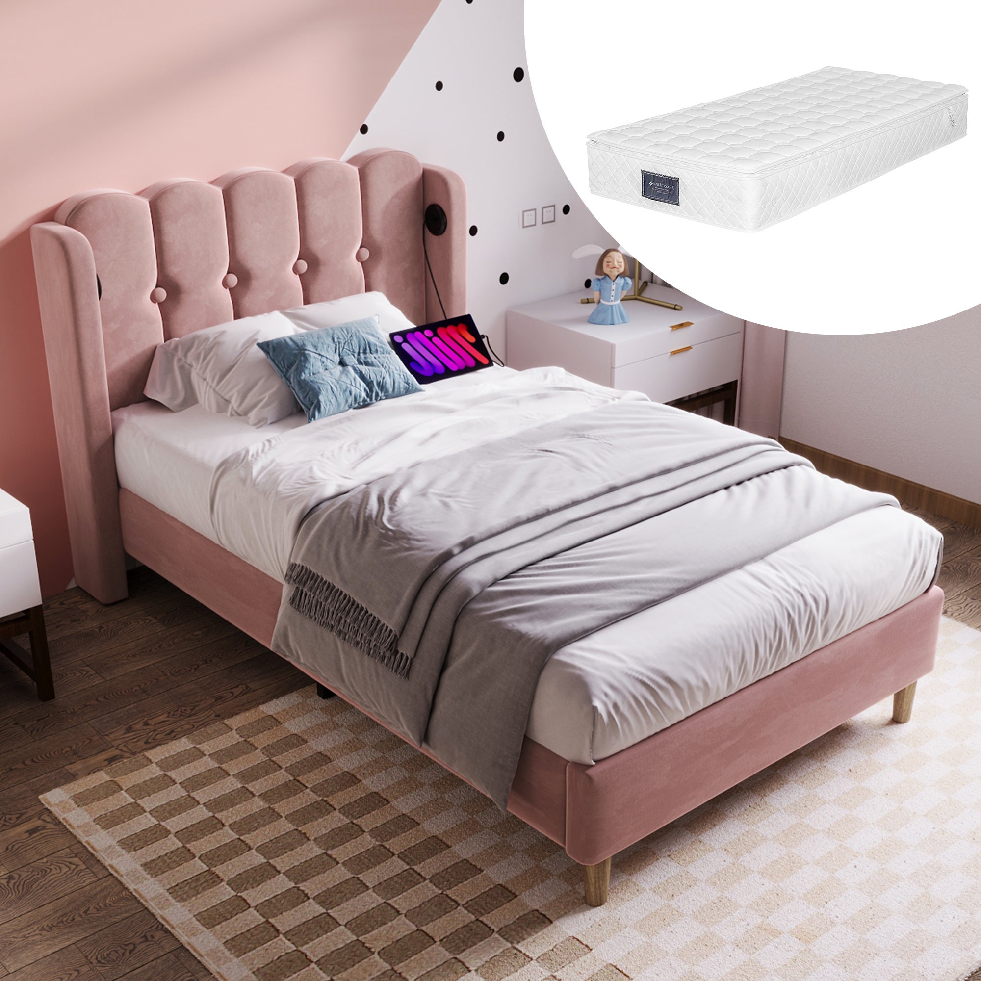 Lit à sommier avec chargeur USB Type-C, 90x200 cm, rose, sommier inclut ...