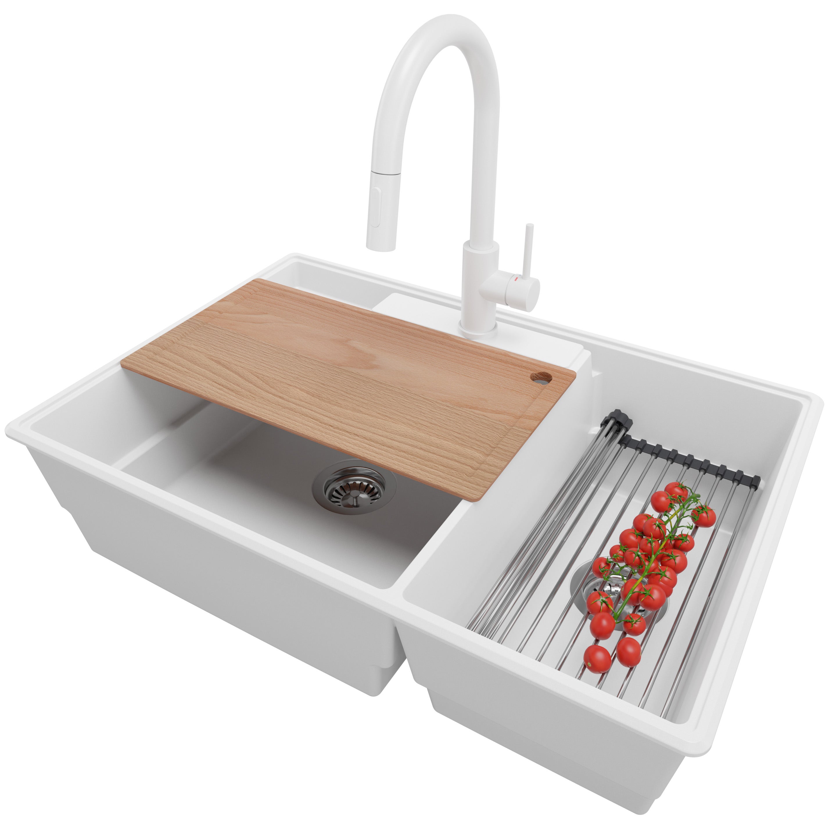 Evier Cuisine en Granit Blanc 78x53cm, Lavabo 2 bacs + Kit de Vidage ...