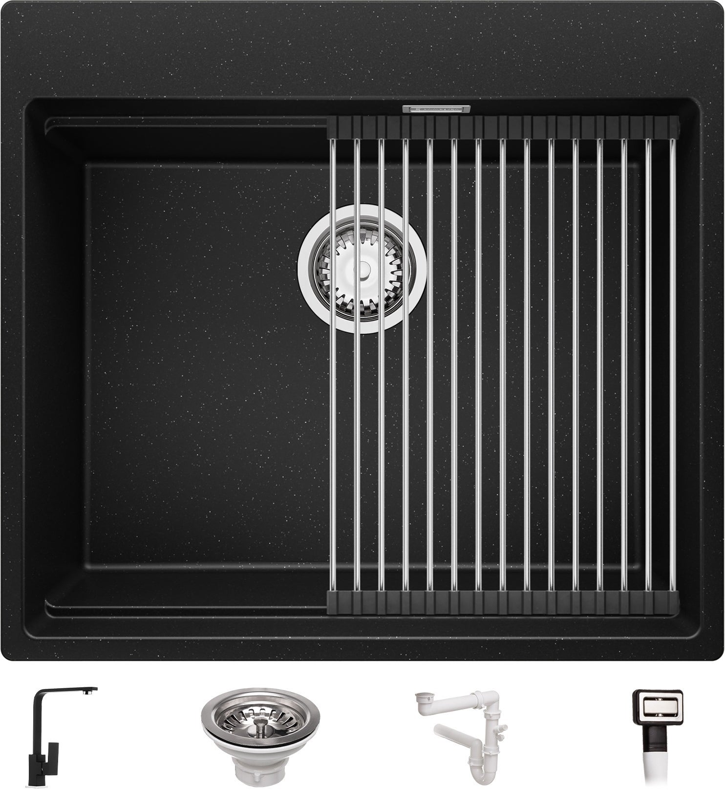 Evier Cuisine en Granit Noir Métallisé 58x53cm, 1 bac + Kit de Vidage ...