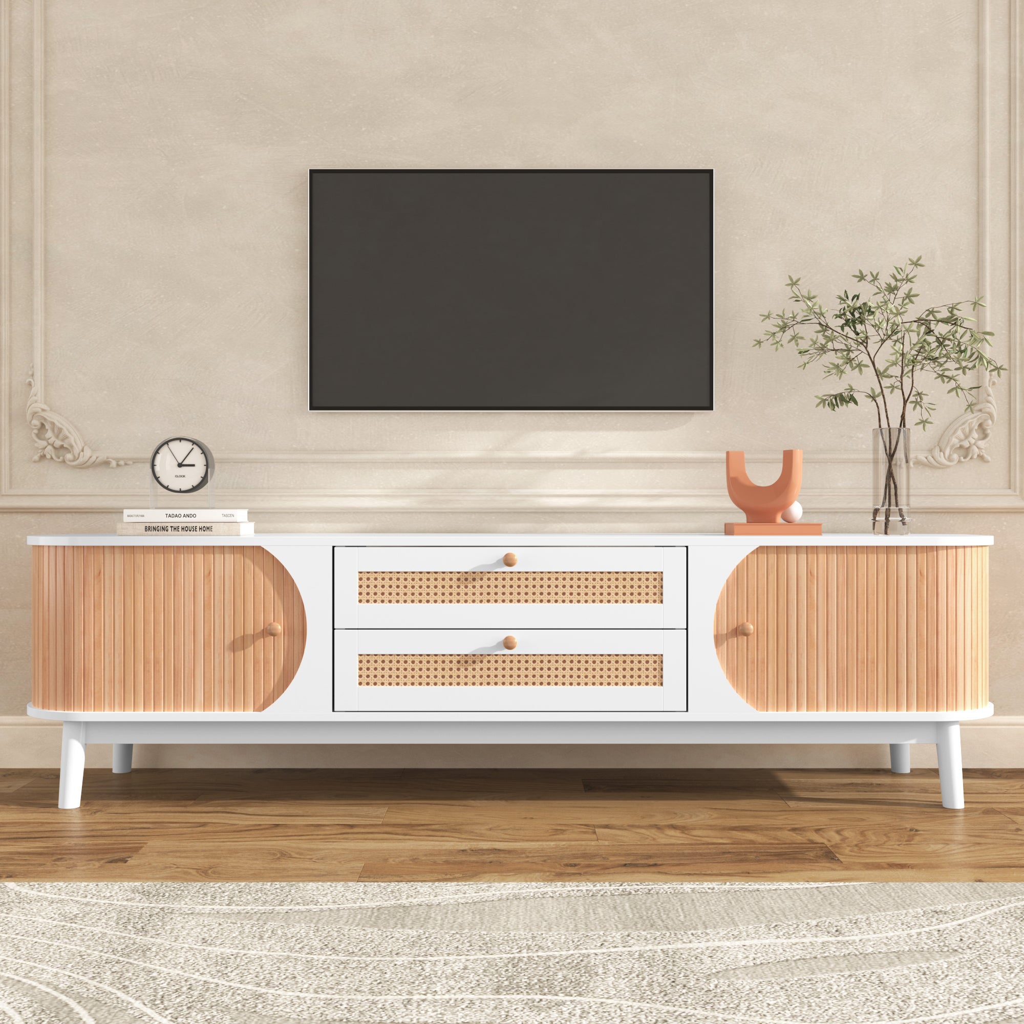 Meuble TV avec portes et tiroirs, support TV avec côtés en rotin, blanc ...