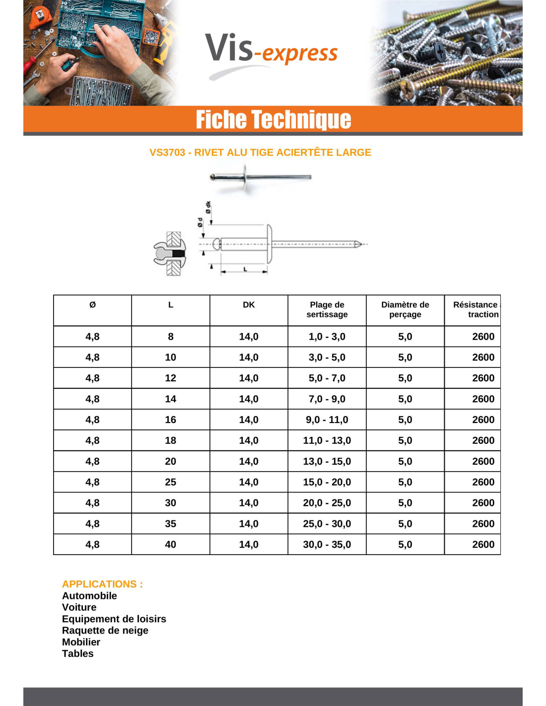 Rivet aveugle Aluminium Tige acier 4.8X8 Epaisseur de serrage 1 à 3 ...