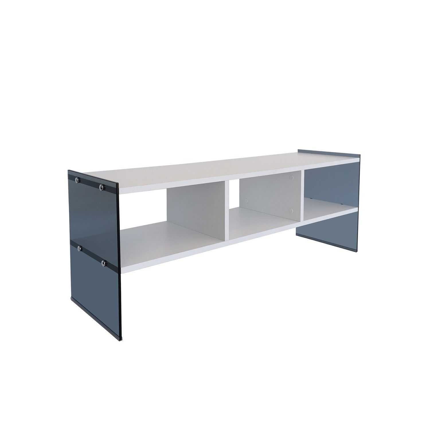 Meuble TV 3 étagères Doris L120xH35cm Bois Blanc et Verre trompé Fumé ...