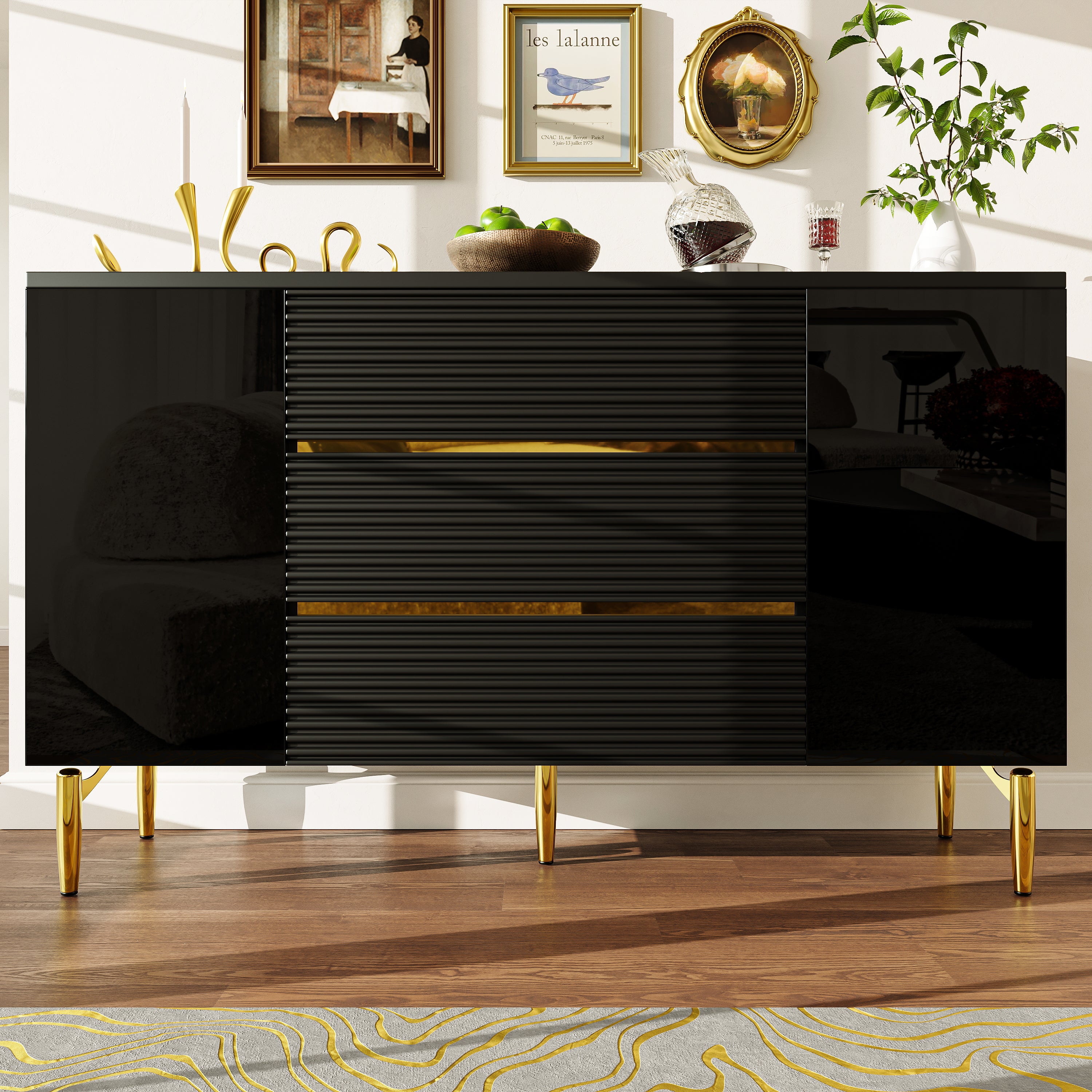 Buffet moderne 120x40x73cm - avec 3 tiroirs et 2 portes - MDF - noir ...