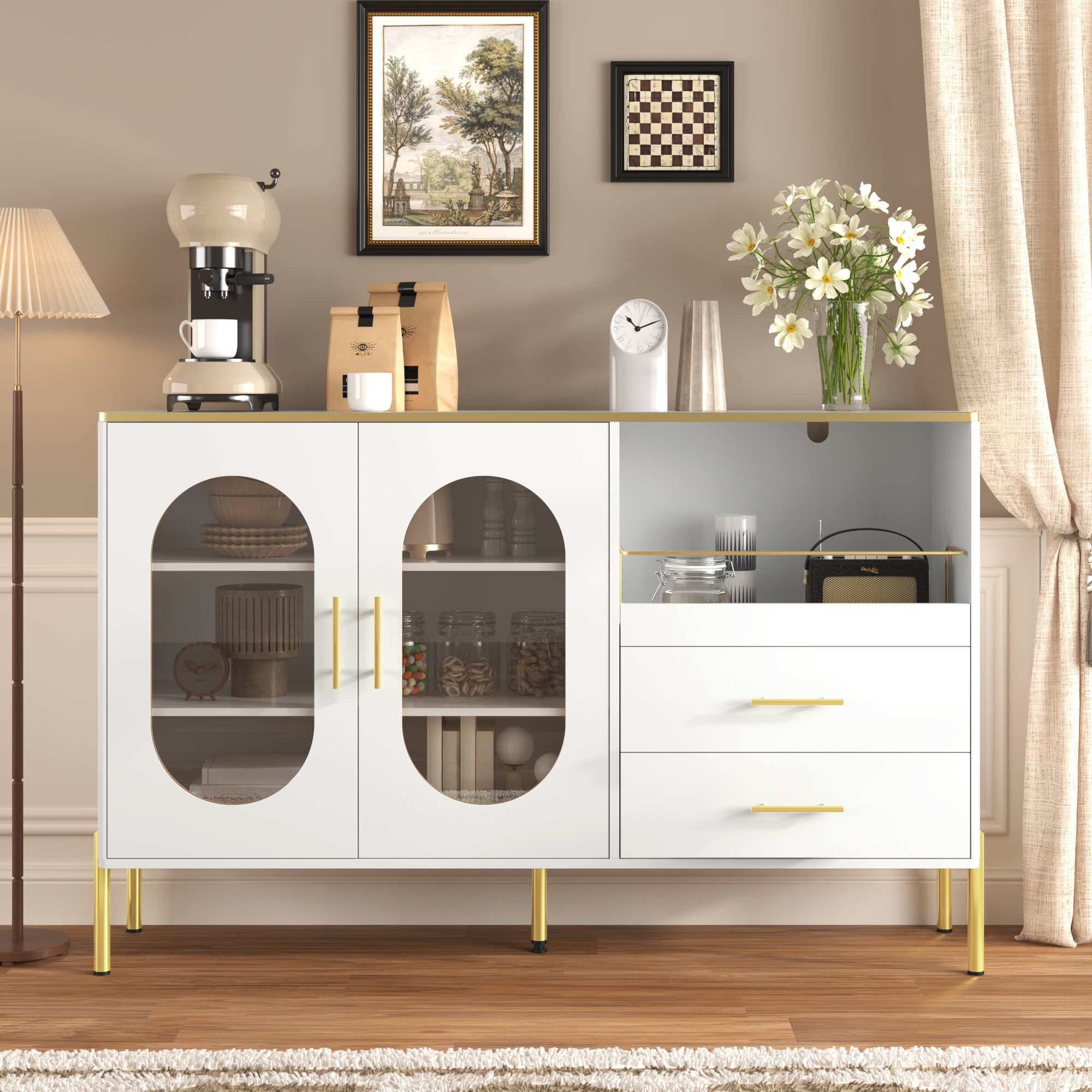 Credenza bassa con 2 cassetti e 2 ante in vetro - 140 x 38 x 70 cm ...