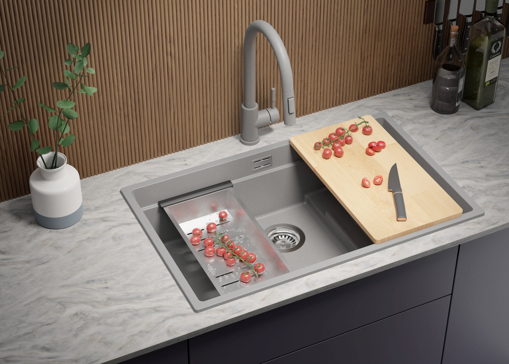 Evier Cuisine en Granit Gris 76x47cm, Lavabo 1 bac + Kit de Vidage ...