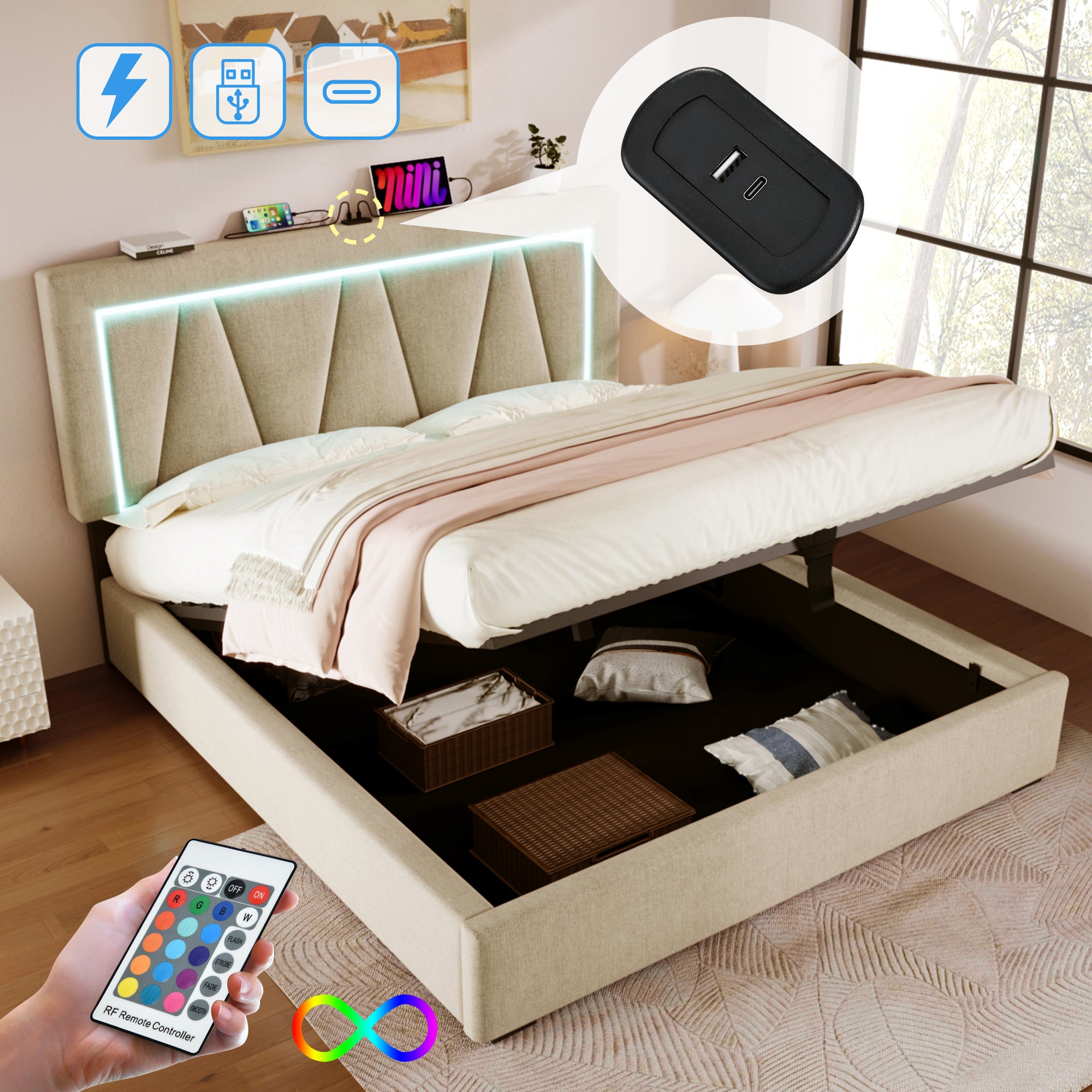 Cama tapizada cama doble LED con función de carga USB tipo C e ...