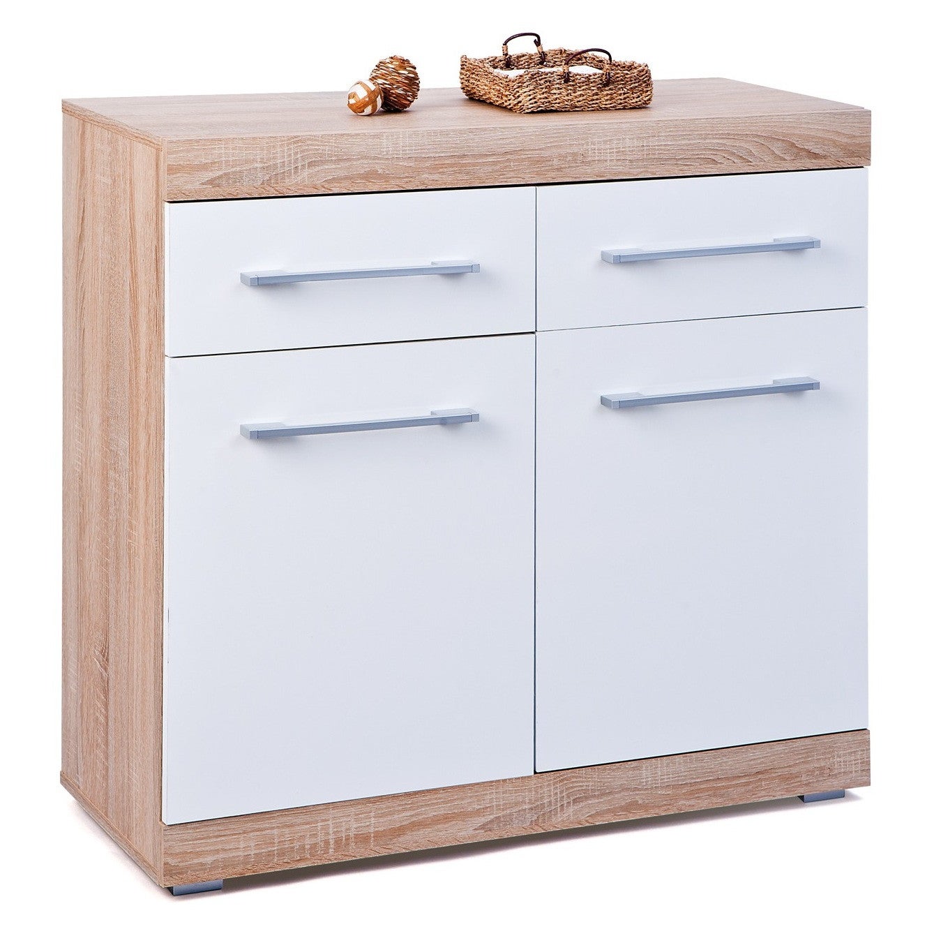 Commode 2 portes 2 tiroirs bois chêne clair et blanc Babou | Leroy Merlin