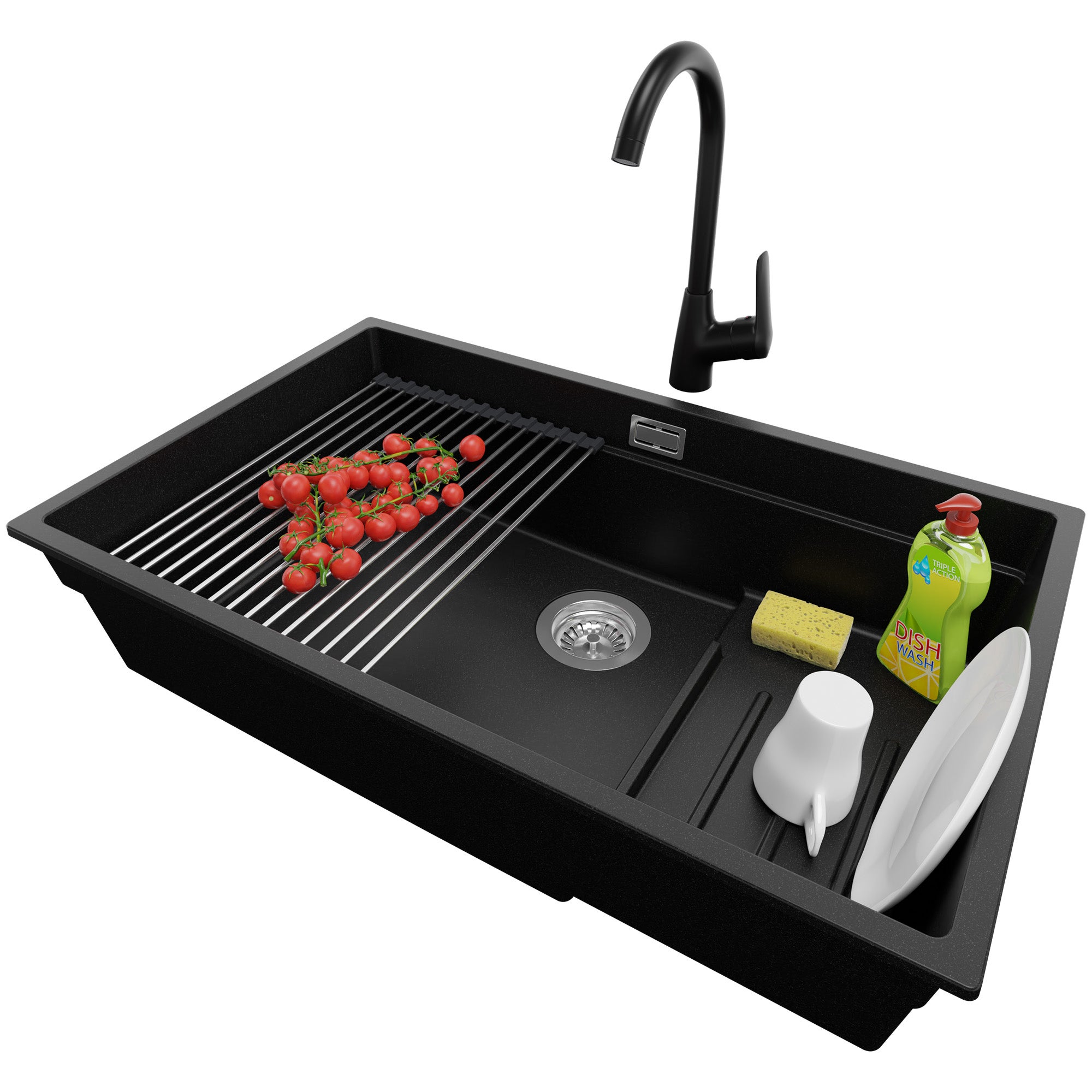 Evier Cuisine en Granit Noir 76x47cm, 1 bac + Kit de Vidage + Robinet ...
