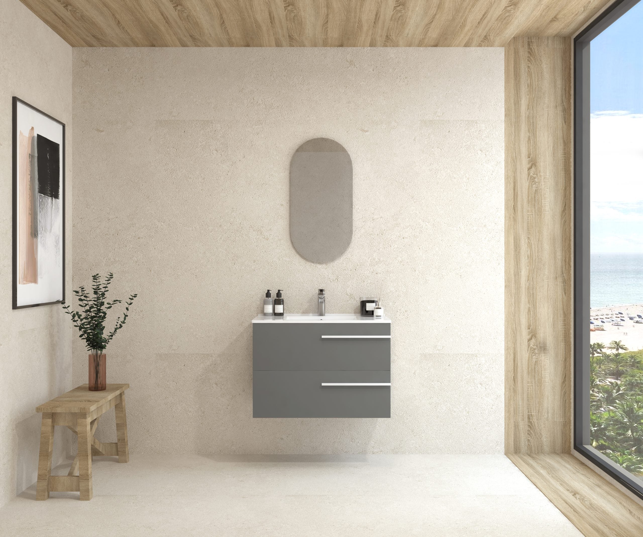 Pack mueble de baño Mapau CURIE dos cajones gris macadam 80 cm + lavabo ...