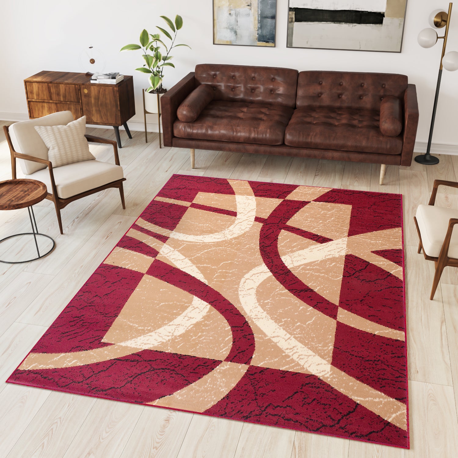 TAPISO Dream Tapis Salon Chambre Rouge Beige Abstrait Bandes Ondes Doux ...