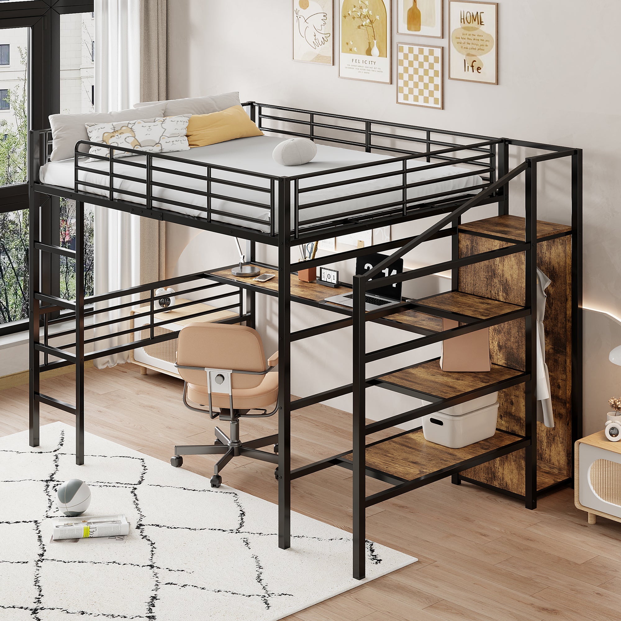 Lit mezzanine 140x200cm en métal - avec bureau、armoire et échelle de ...