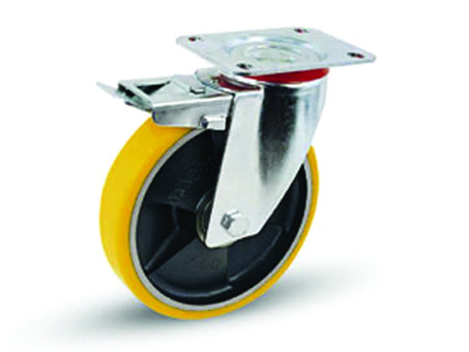 ROUE DE FOURCHE PIVOTANTE + BUTÉE 24 AVO A/ZINCR/POL.JAUNE D/FONTE D.MM ...