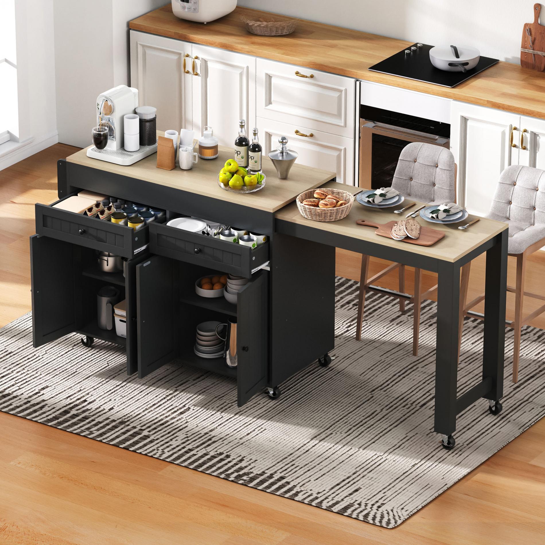 Isla de Cocina Móvil con Ruedas y Superficie de Trabajo Extensible y ...