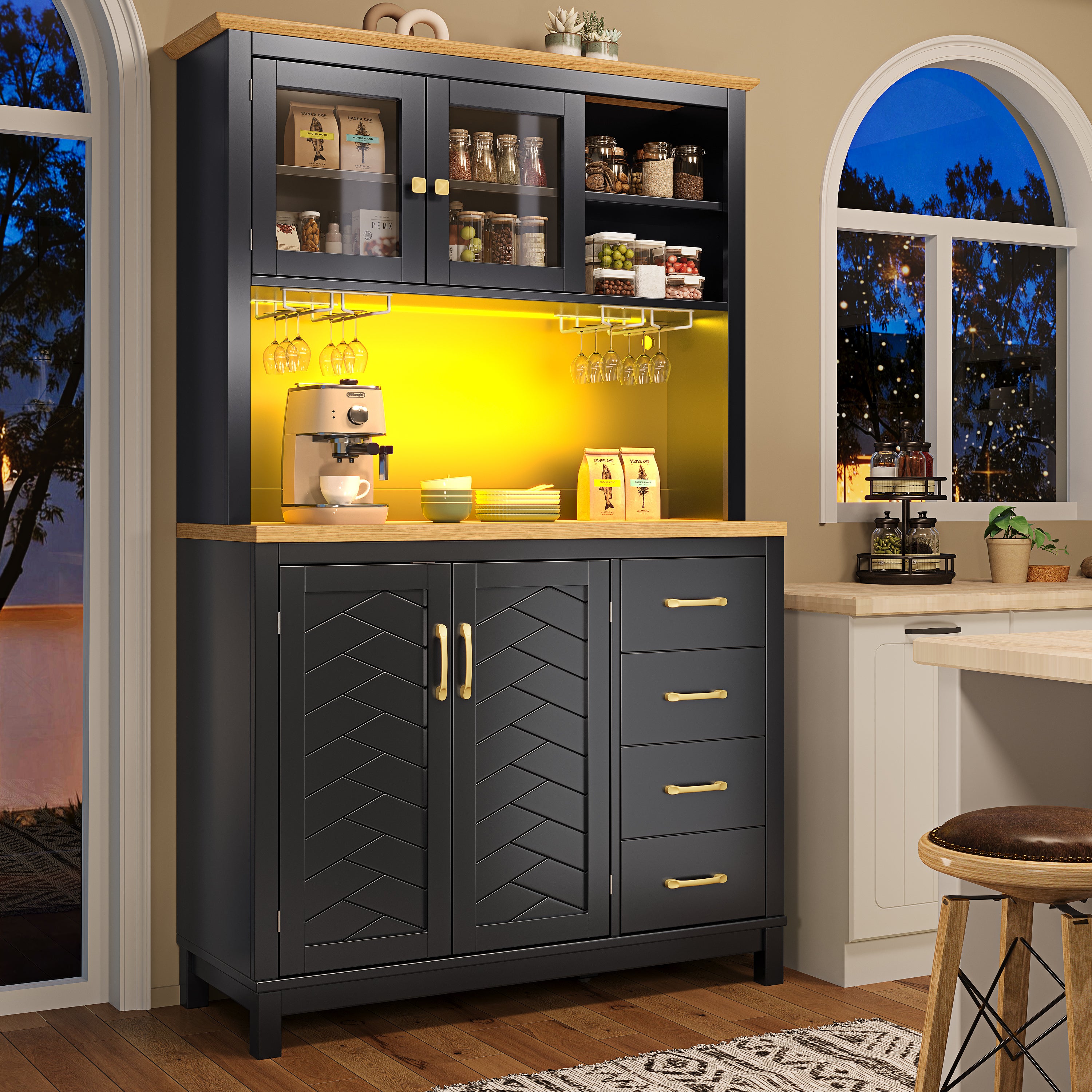 Buffet de cuisine 105.5x40x180 cm, grand espace de rangement, éclairage ...