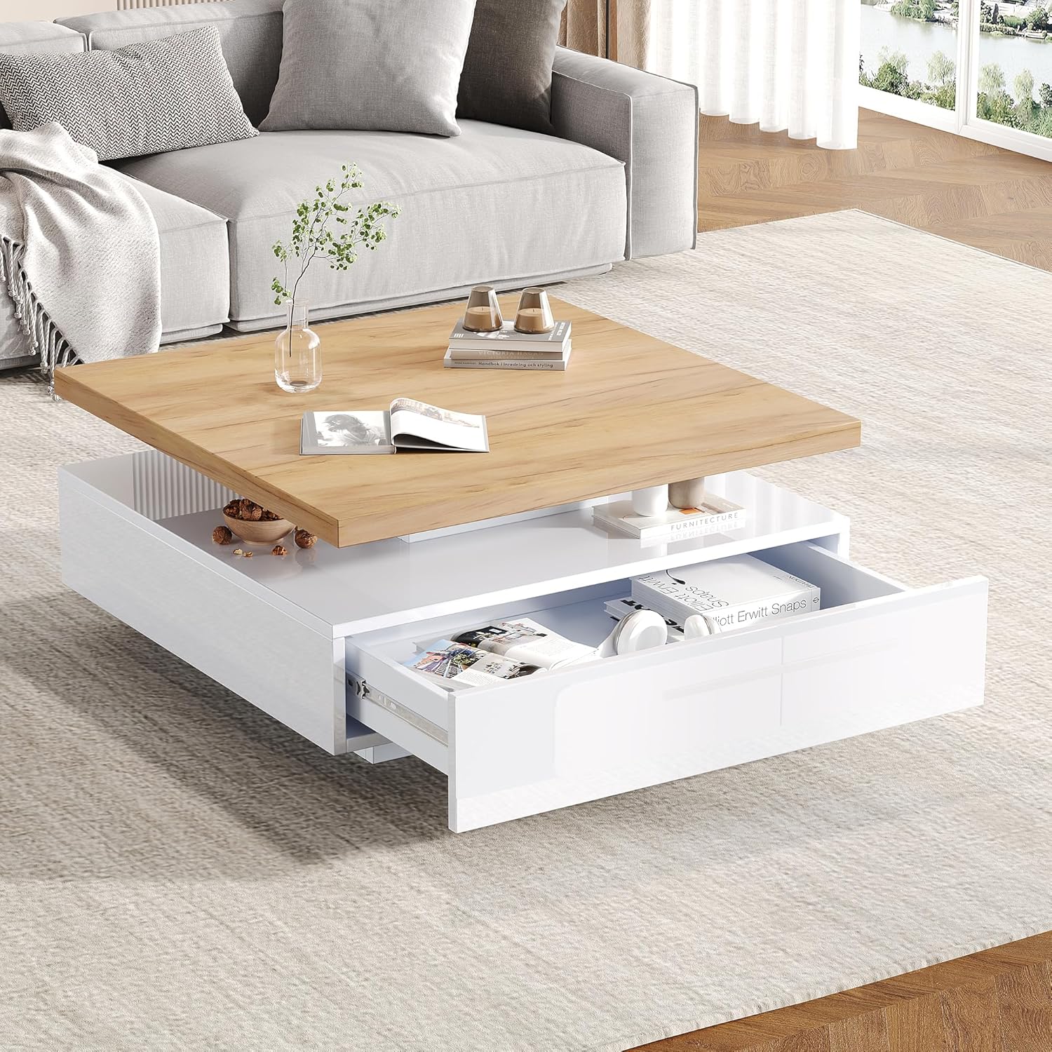 Table Basse Carrée de Salon, Le bureau peut pivoter à 360°, 70×70×36cm ...