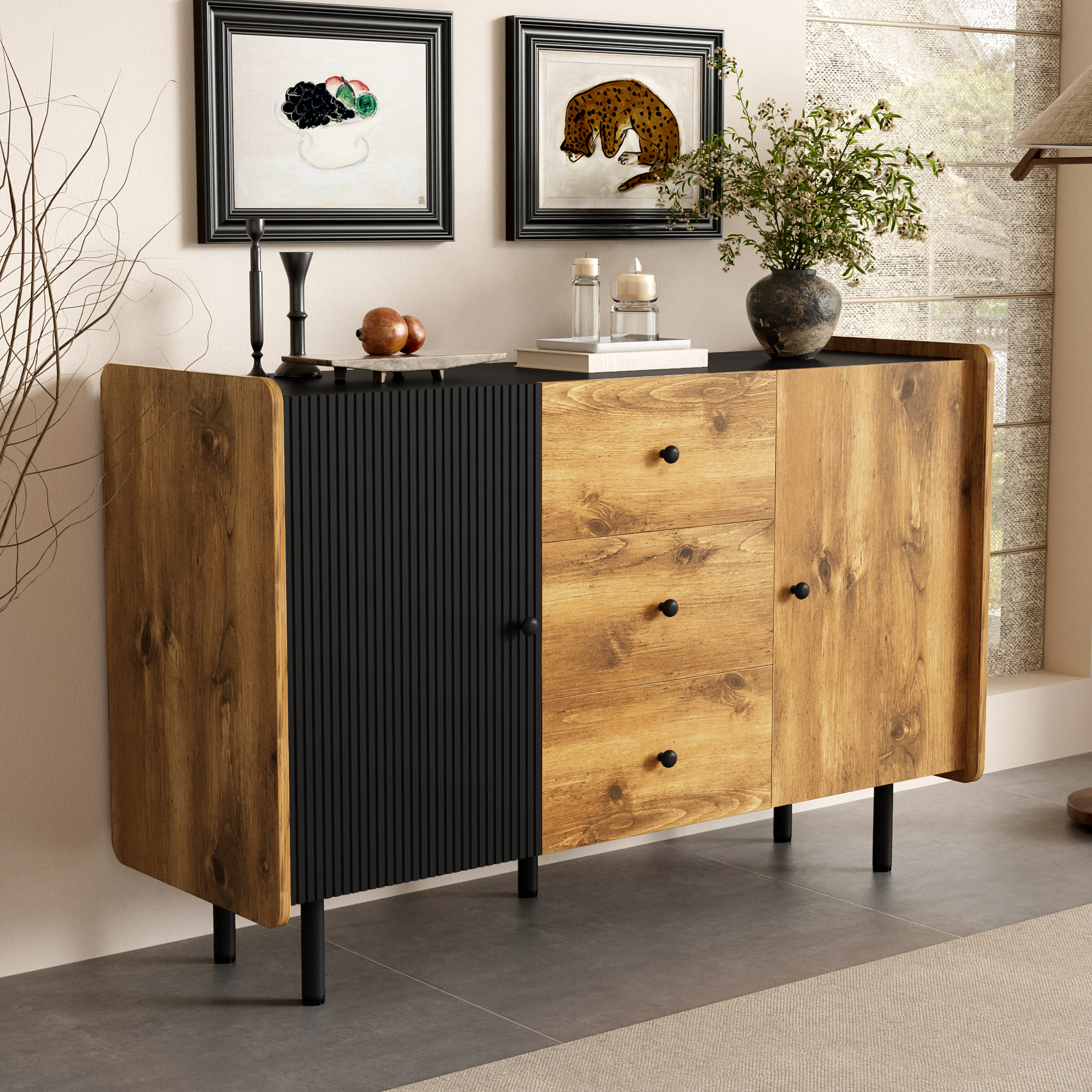 Buffet noir et bois, buffet salon avec 2 portes et 3 tiroirs | Leroy Merlin
