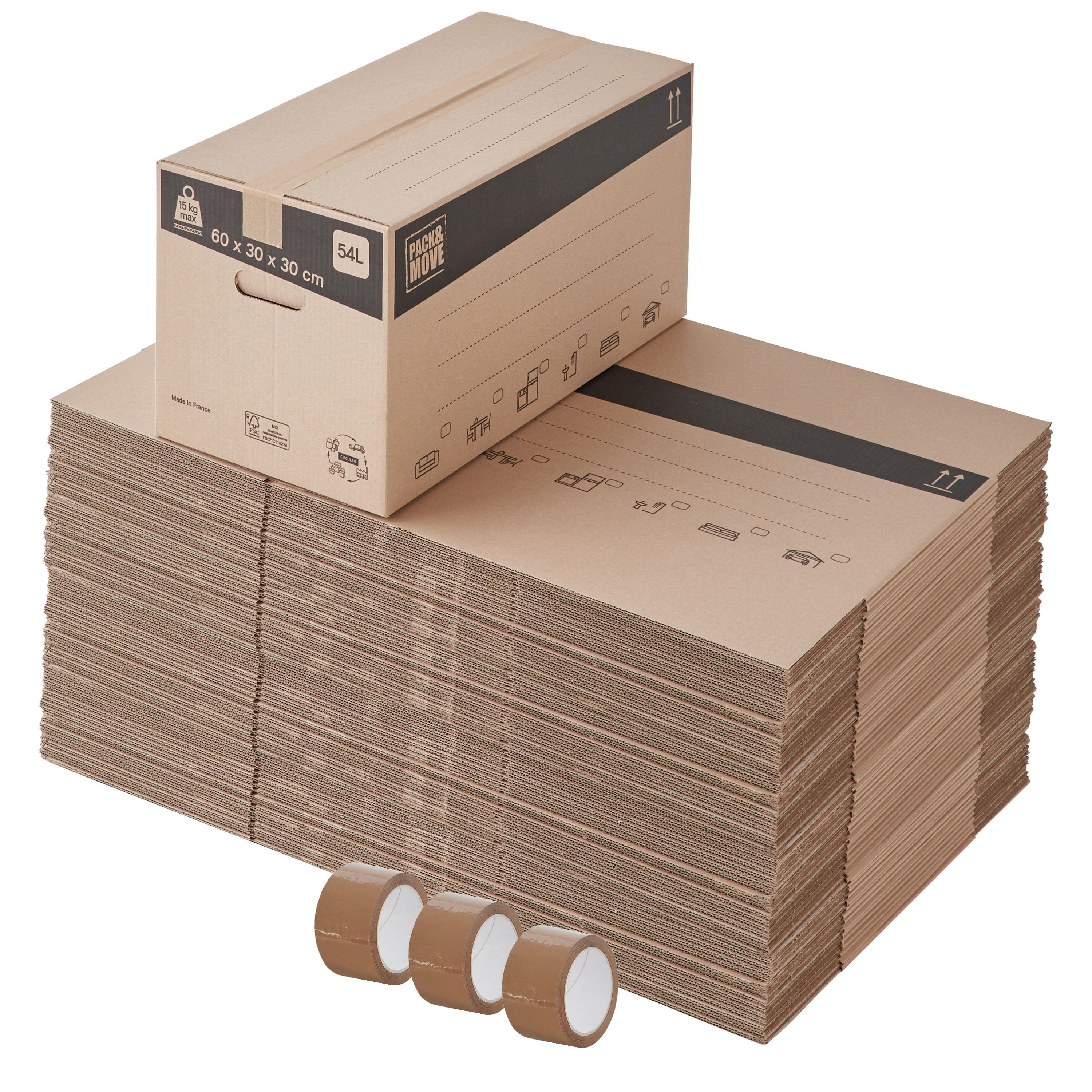 Lot de 60 cartons de déménagement standards avec poignées - 54L, charge ...