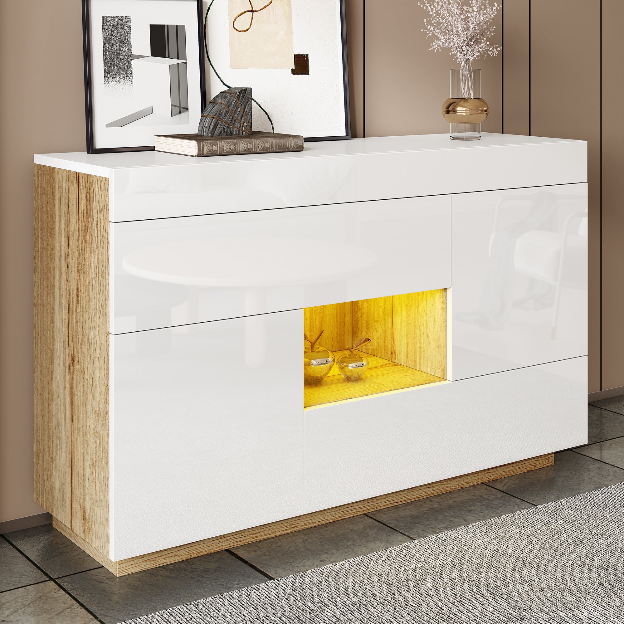 Buffet moderne avec LED changeant de couleur, 2 tiroirs, portes et ...