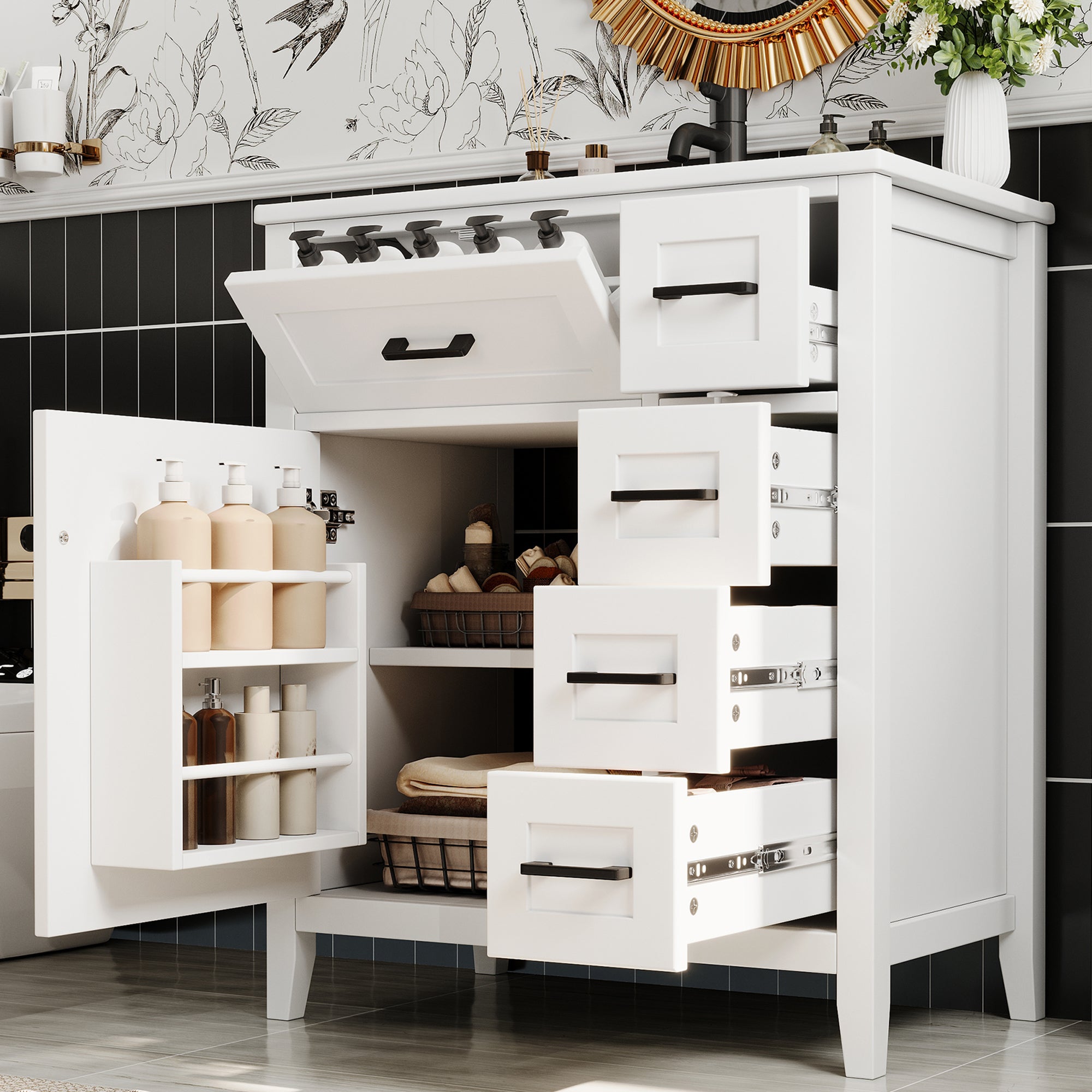 Mueble de lavabo independiente para baño - Cerámica y MDF - Blanco ...