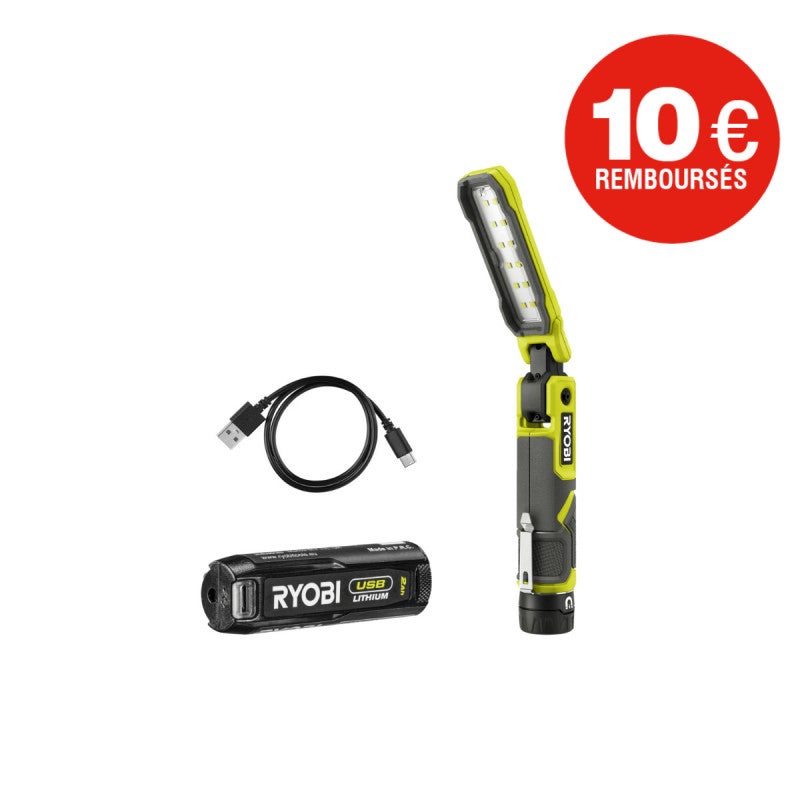 Lampe de travail RYOBI 4V USB Lithium - 650 lumens - 1 batterie 2,0Ah ...