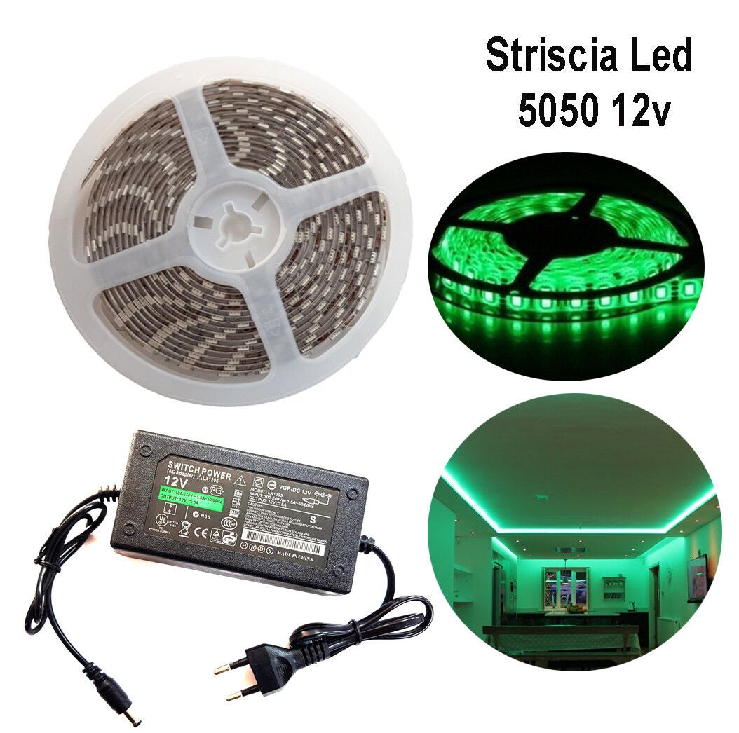 BANDE LED 5050 5M LUMIÈRE ADHÉSIVE IP65 ALIMENTATION 12V 5A VERT 12W/M ...
